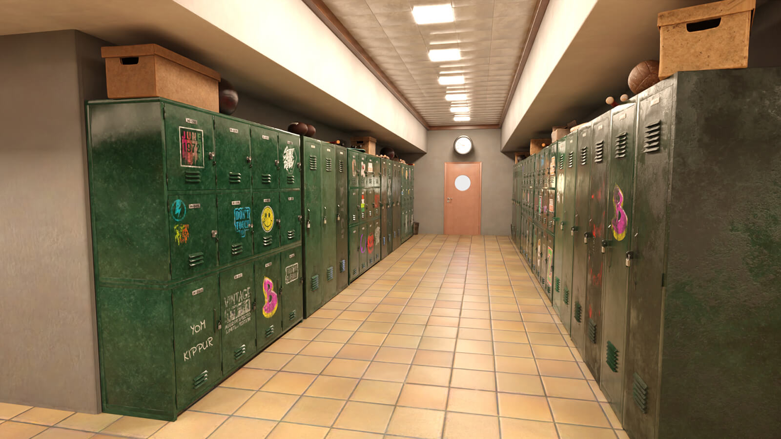 1970 Locker Hallway 3D Render, Digital Art by clacydarch