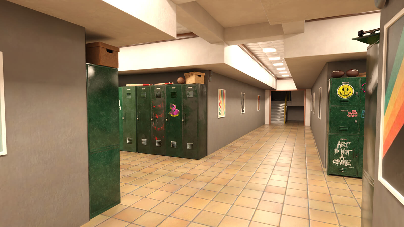 1970 Locker Hallway 3D Render, Digital Art by clacydarch