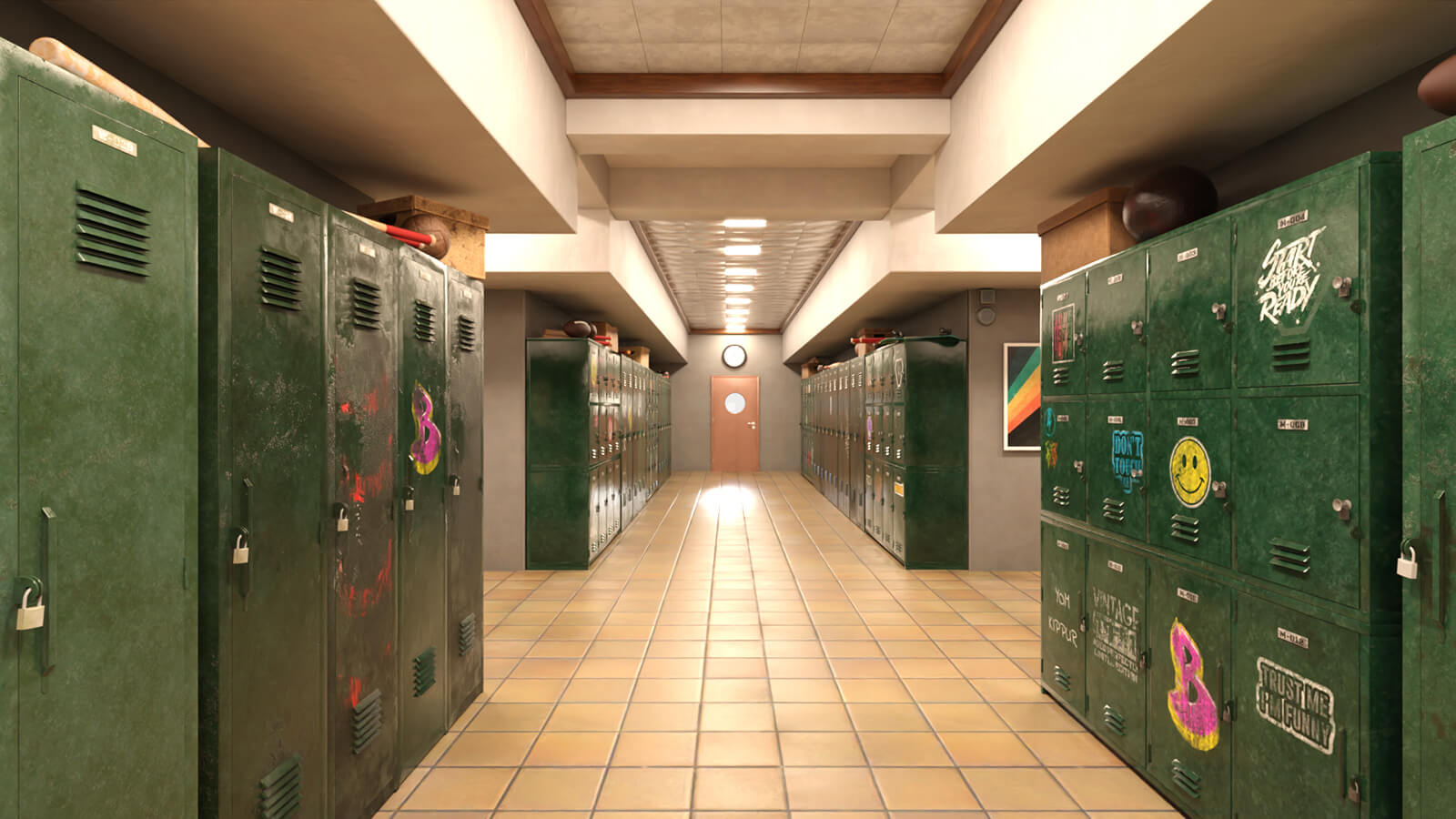 1970 Locker Hallway 3D Render, Digital Art by clacydarch