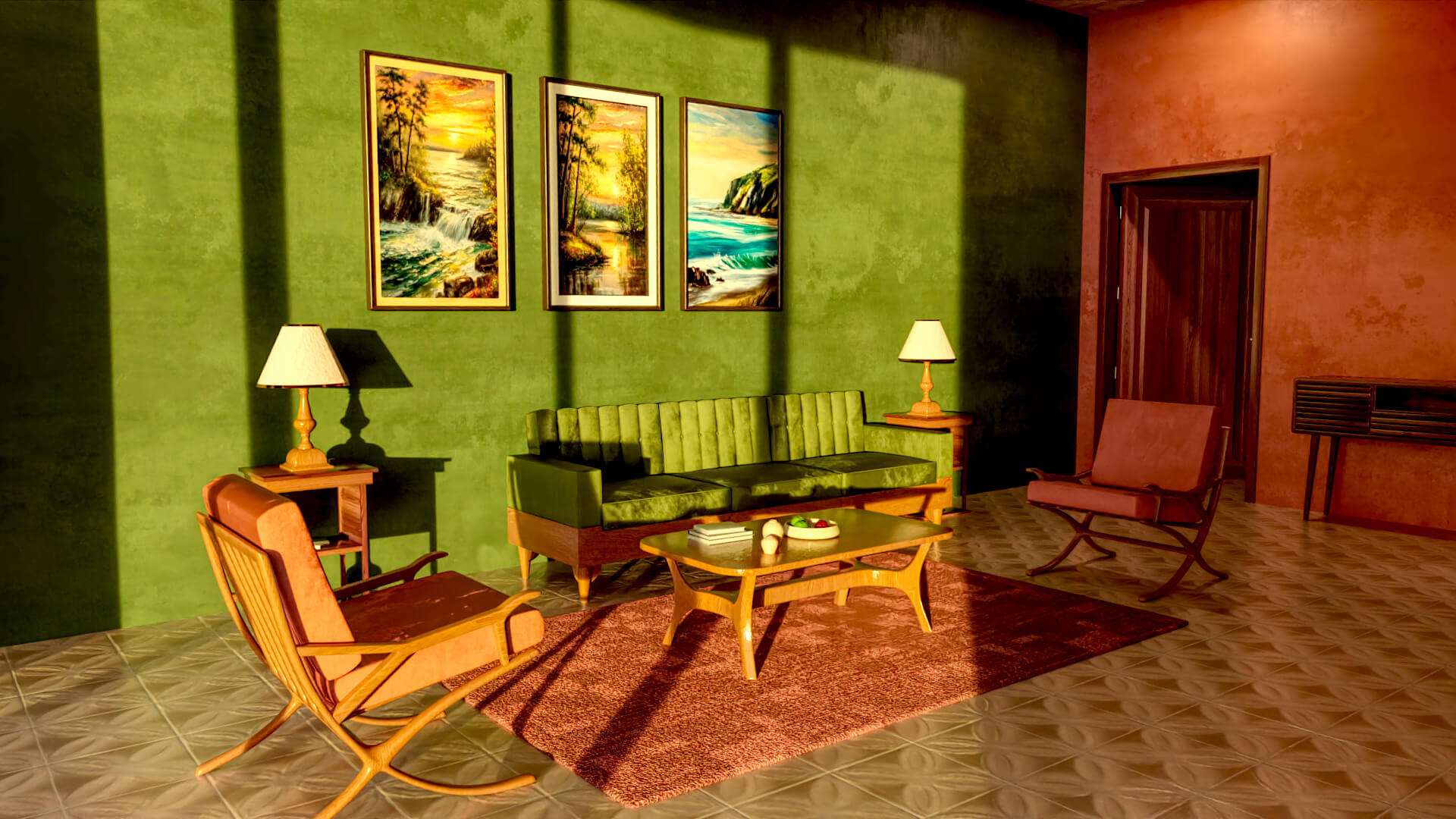 70's Living Room 3D Render, Digital Art by clacydarch