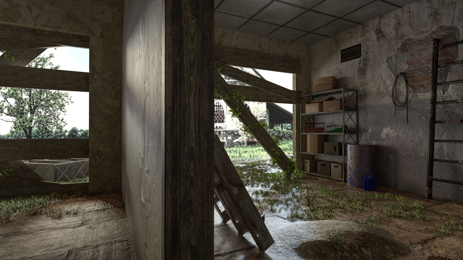 Abandoned House Garage 3D Render, Digital Art by clacydarch