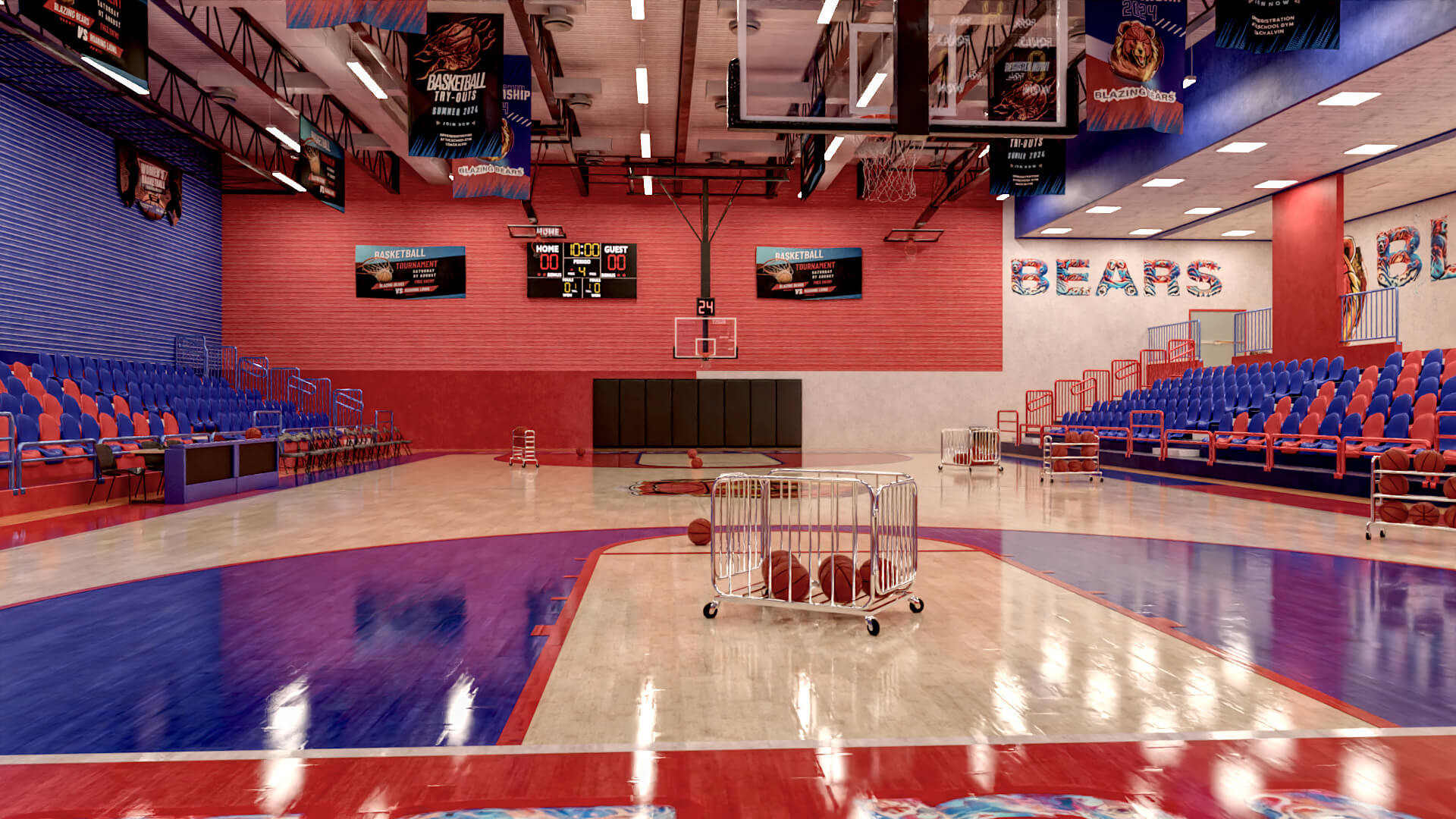 HS Basketball Gym Blazing Bears 3D Render by clacydarch