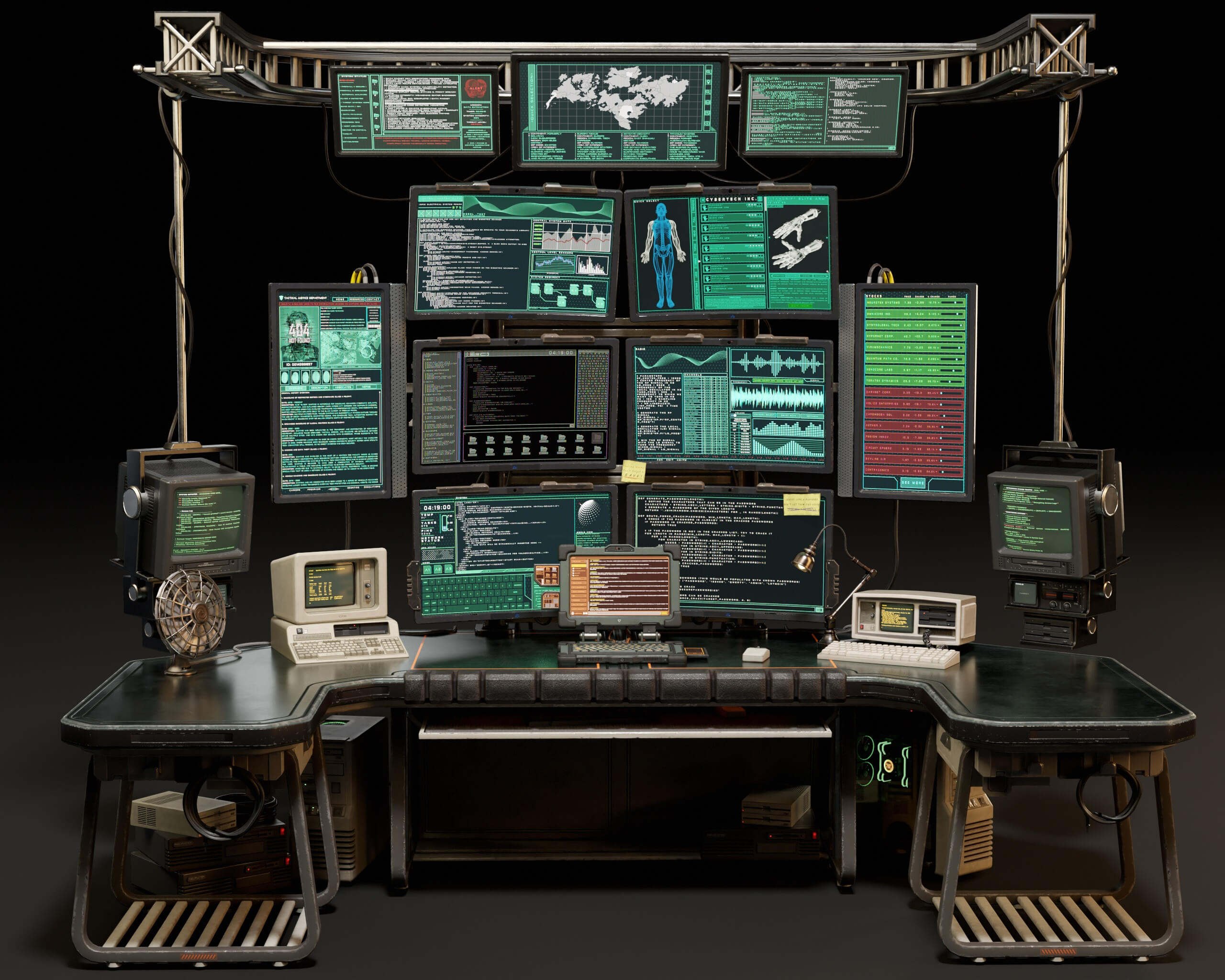 Sci-Fi Hacker Desk Setup Scene 3D Model by clockworkcreations
