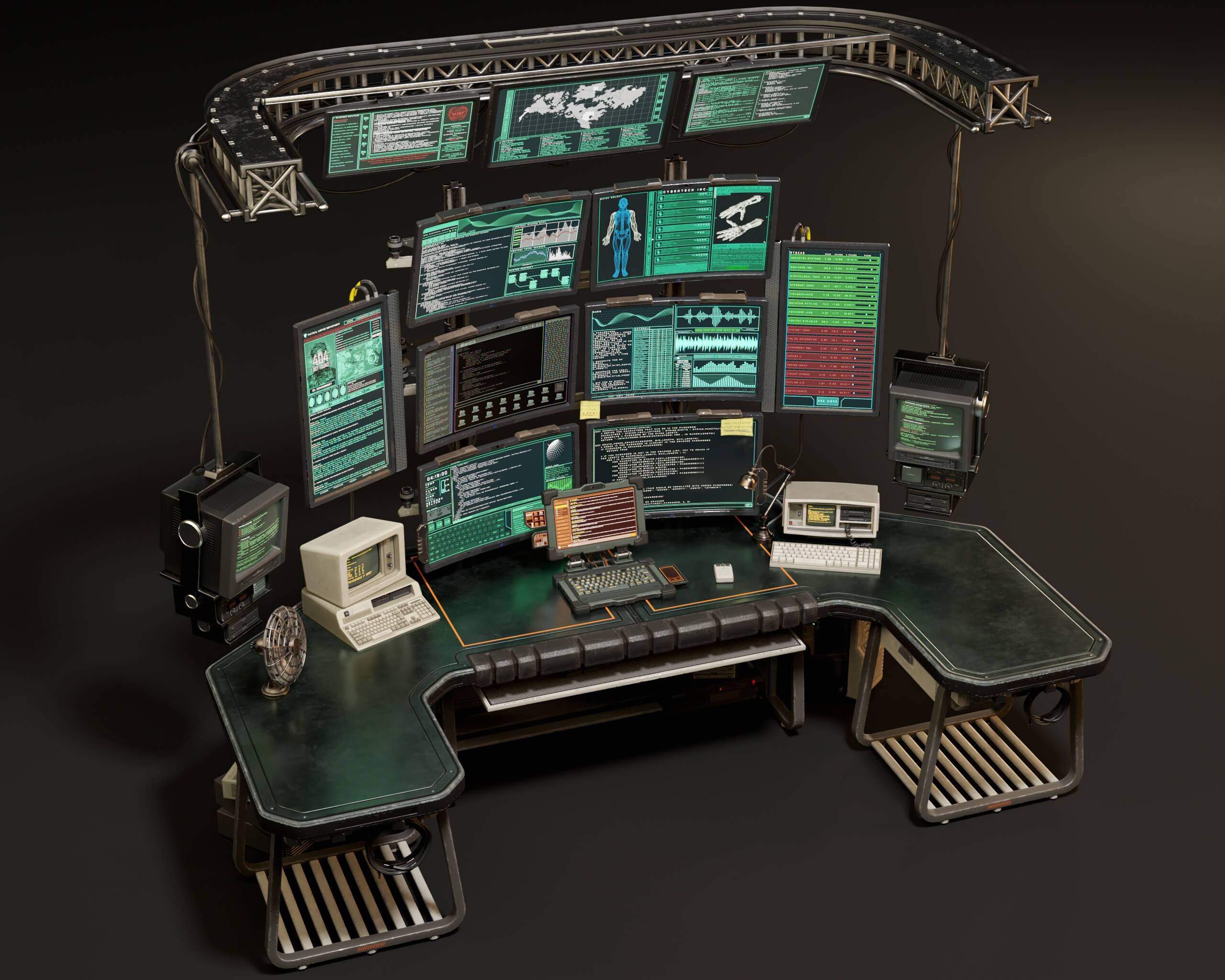 Sci-Fi Hacker Desk Setup Scene 3D Model by clockworkcreations
