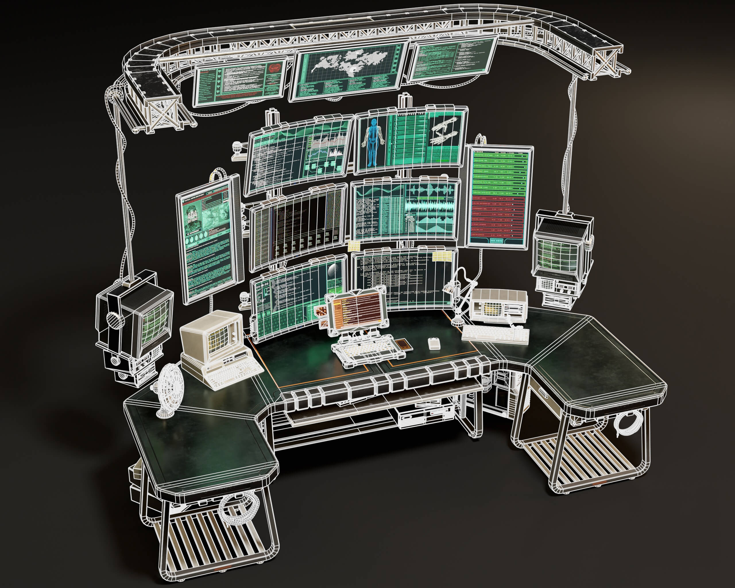 Sci-Fi Hacker Desk Setup Scene 3D Model by clockworkcreations