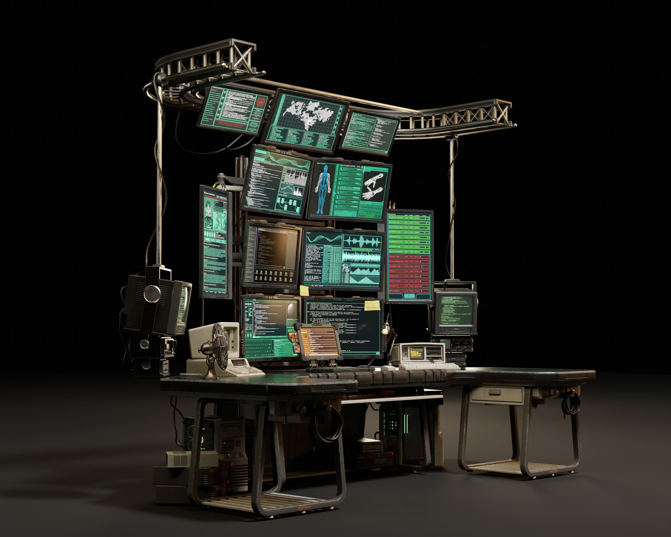 Sci-Fi Hacker Desk Setup Scene 3D Model by clockworkcreations
