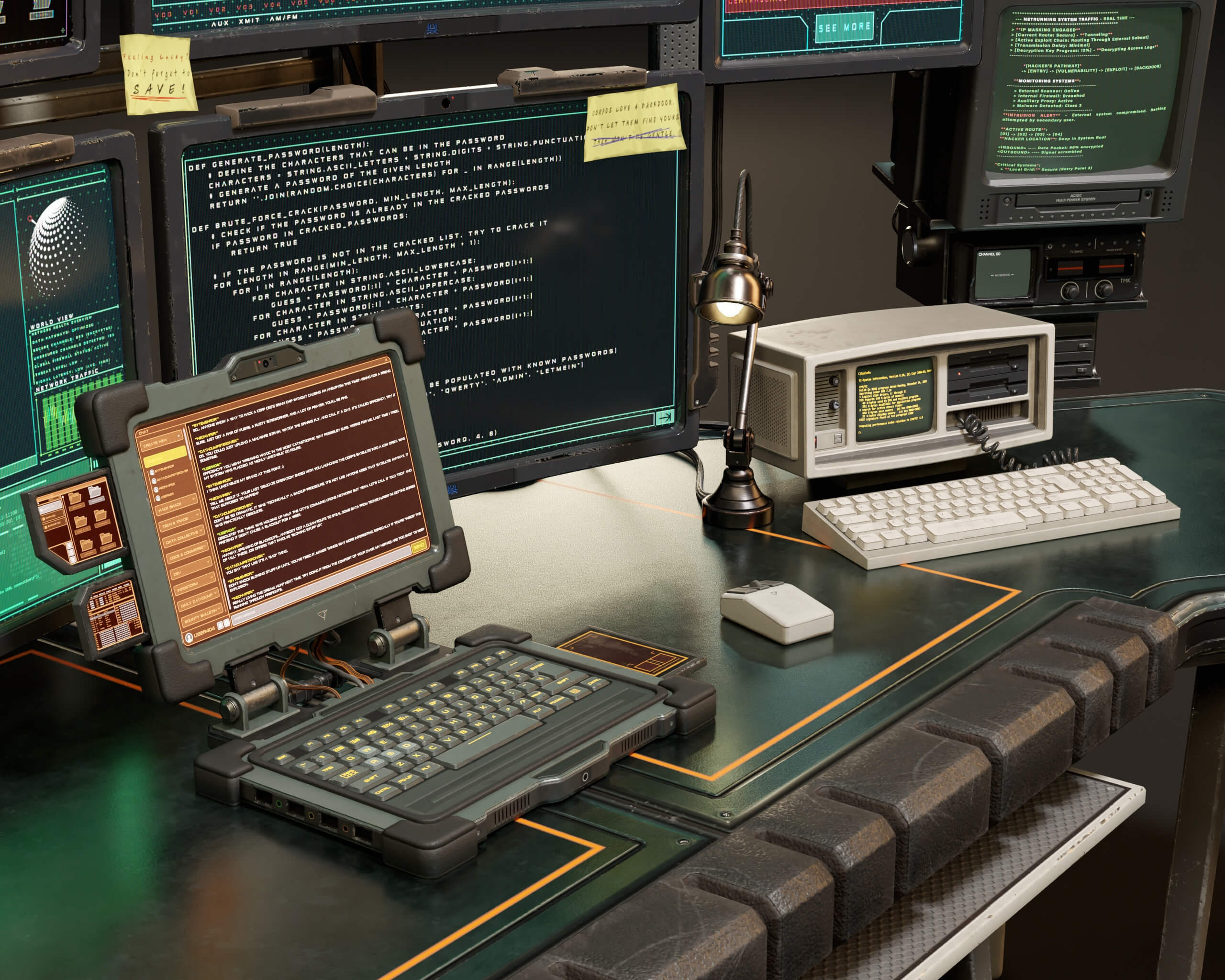 Sci-Fi Hacker Desk Setup Scene 3D Model by clockworkcreations