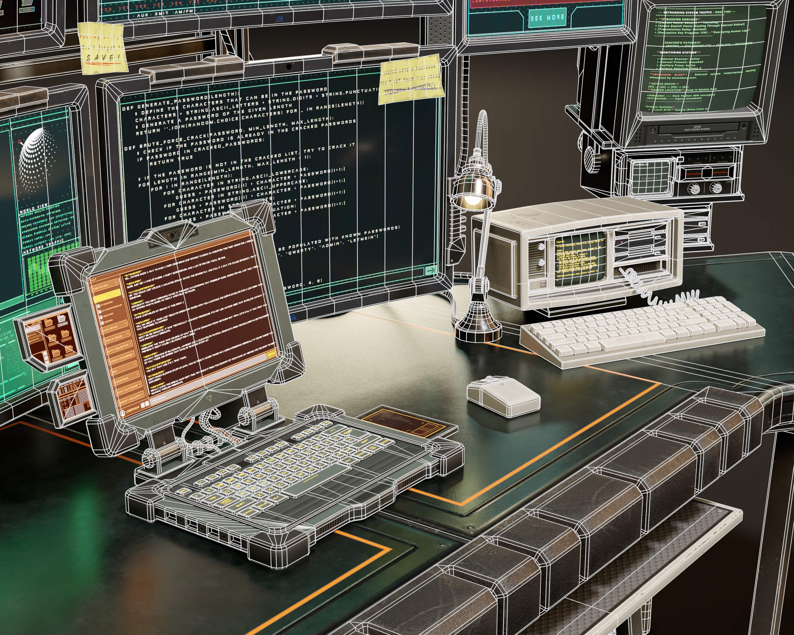 Sci-Fi Hacker Desk Setup Scene 3D Model by clockworkcreations