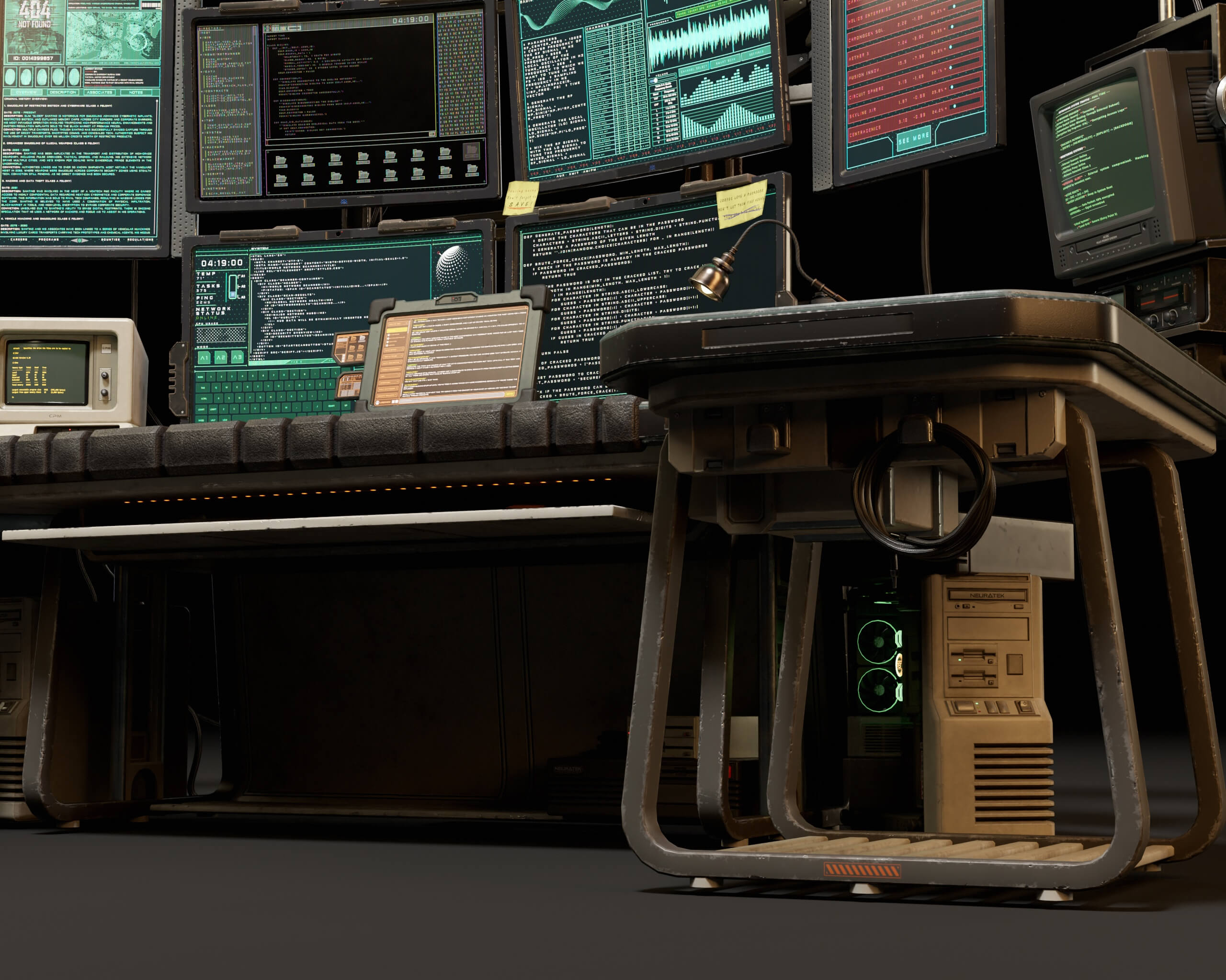Sci-Fi Hacker Desk Setup Scene 3D Model by clockworkcreations