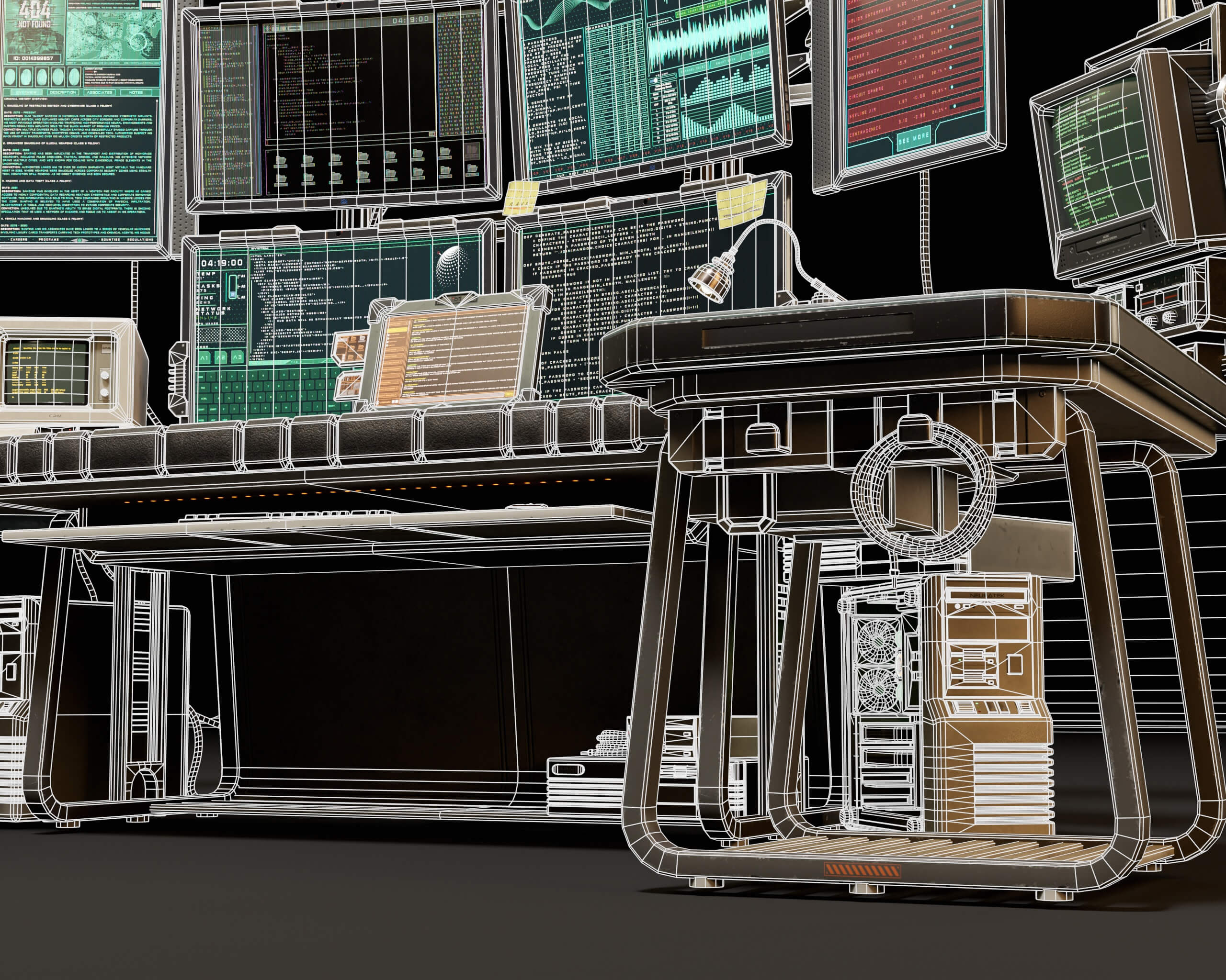Sci-Fi Hacker Desk Setup Scene 3D Model by clockworkcreations