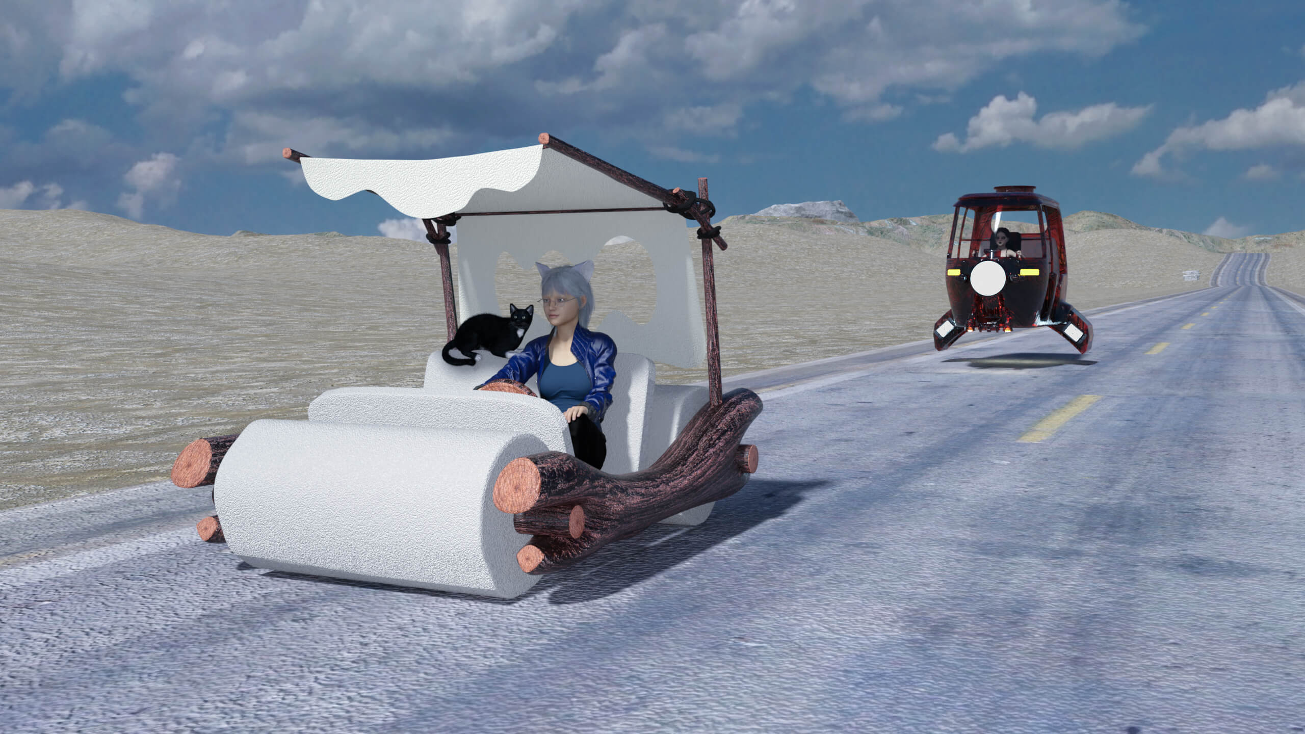 Aki Drives the Stone Car 3D Render, Digital Art by cosmicship