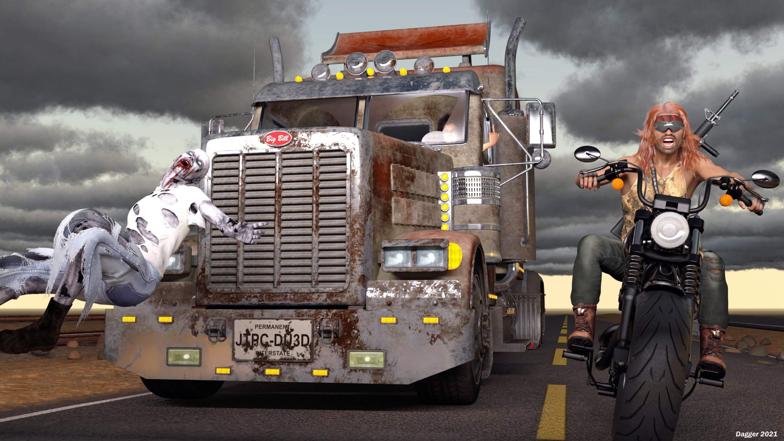 Big Bill and the Zombie 3D Render, Digital Art by daggerwilldo