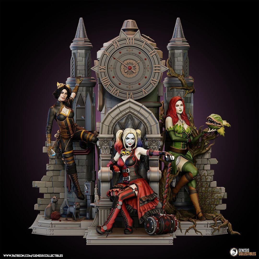Steampunk Harley Quinn Poison Ivy Catwoman Diorama - 3D Model by dawnhurt