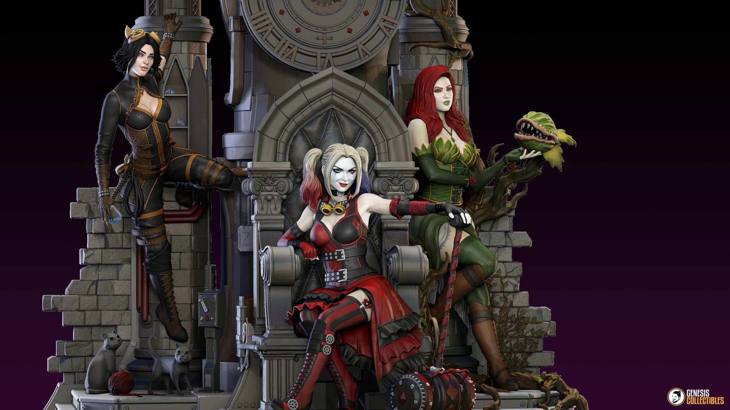 Steampunk Harley Quinn Poison Ivy Catwoman Diorama - 3D Model by dawnhurt