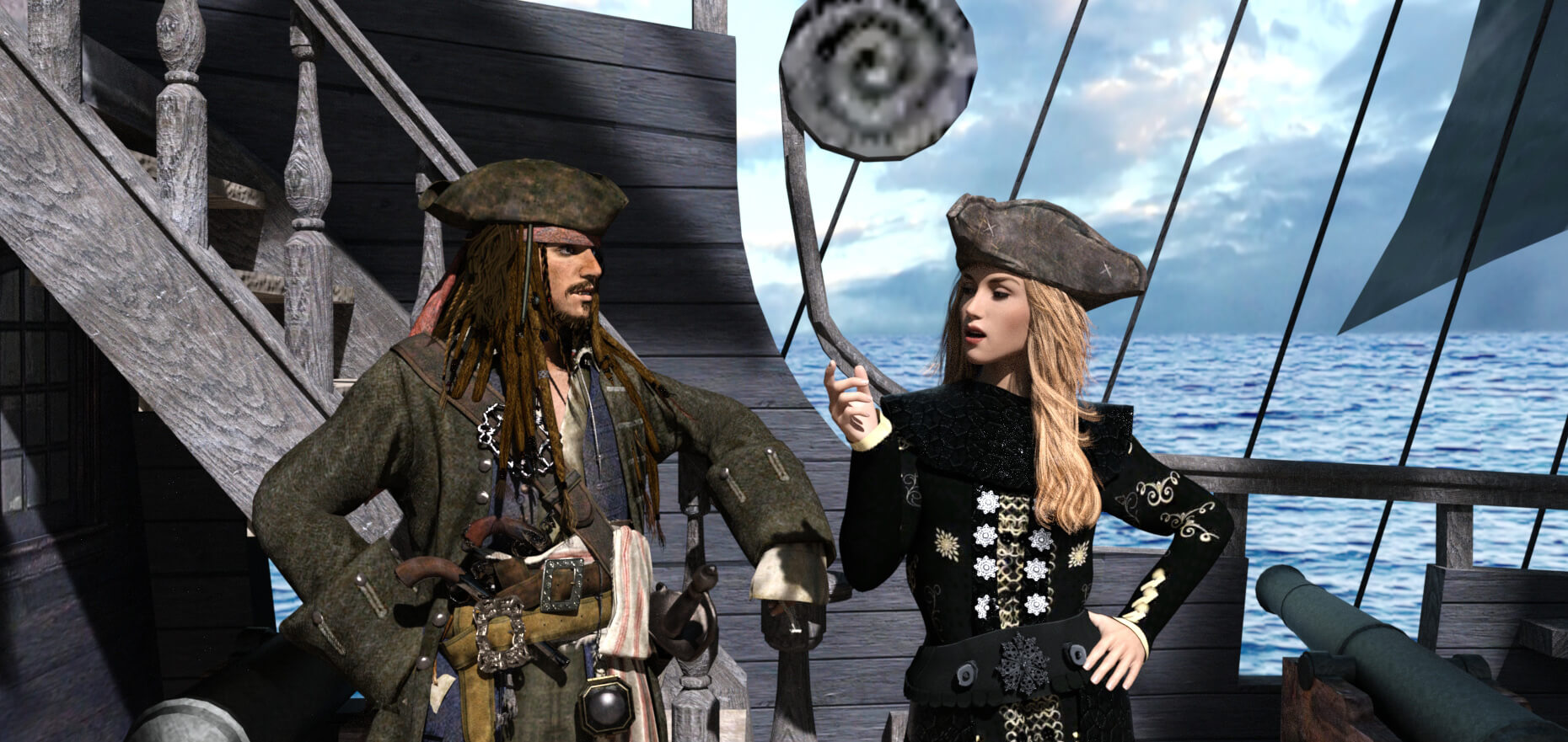 Davy Jones and Jack Sparrow. 3D Render, Digital Art by dazinbane