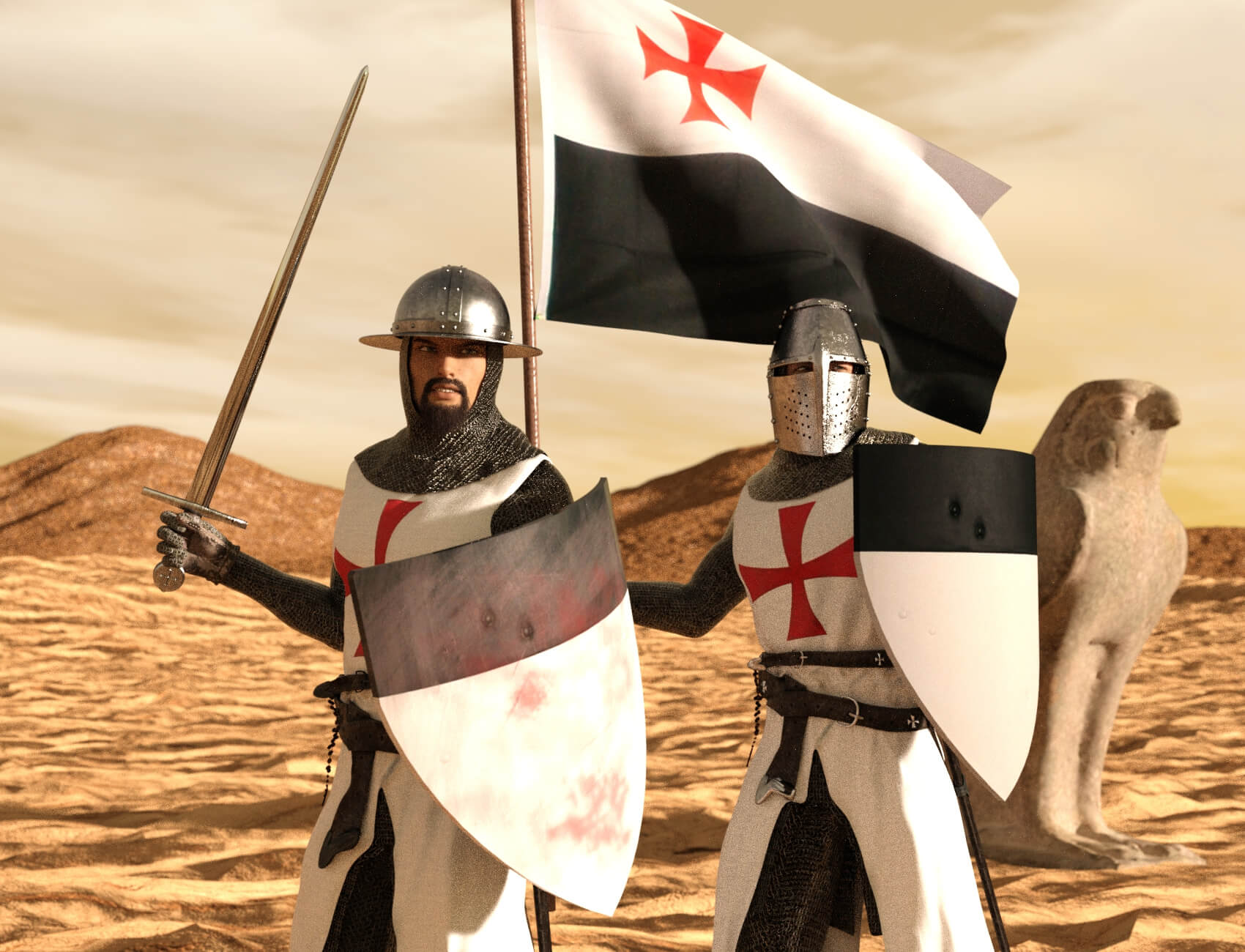 Templar with cross banner 3D Render, Digital Art by dazinbane