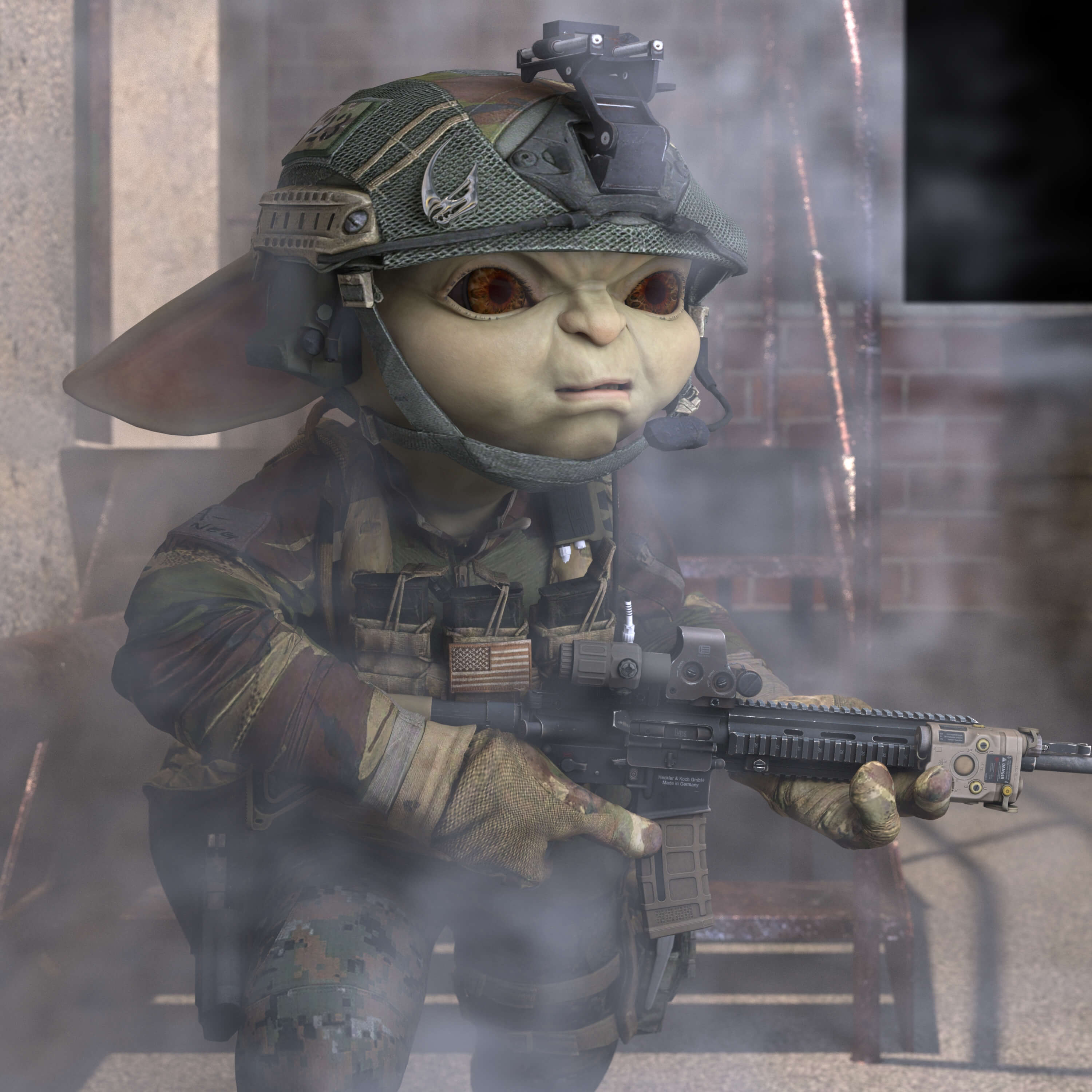 Grogu Warrior 3D Render, Digital Art by Dazzyapp