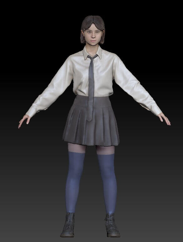 Girl In School Uniform In A-Pose 295 3D Model by deep3dstudio
