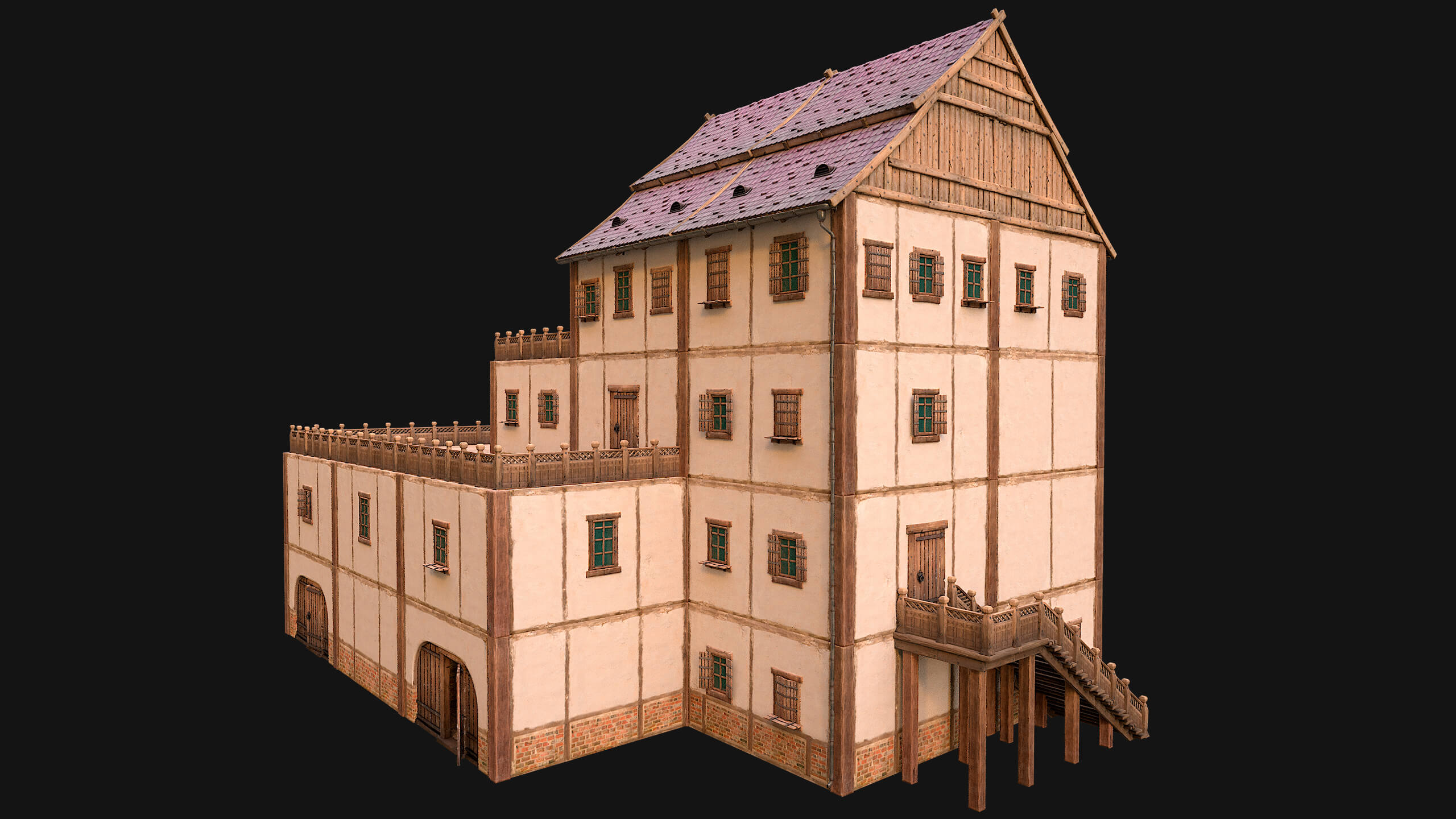 Medieval Skyscraper House With Barn - 3D Model by Dereza