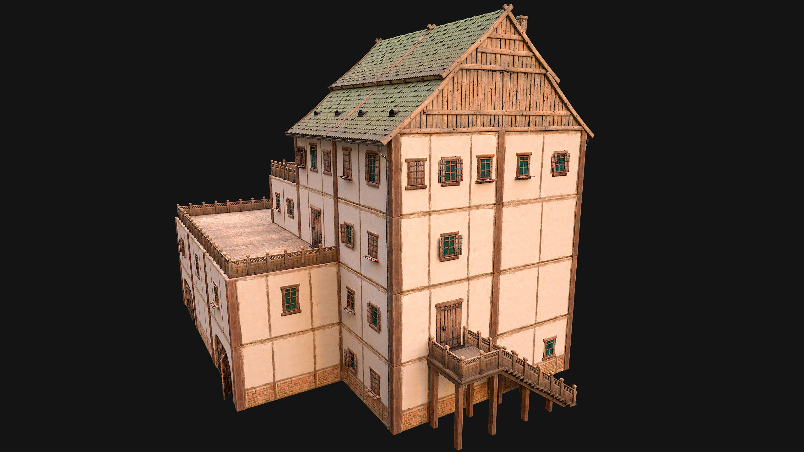 Medieval Skyscraper House With Barn - 3D Model by Dereza