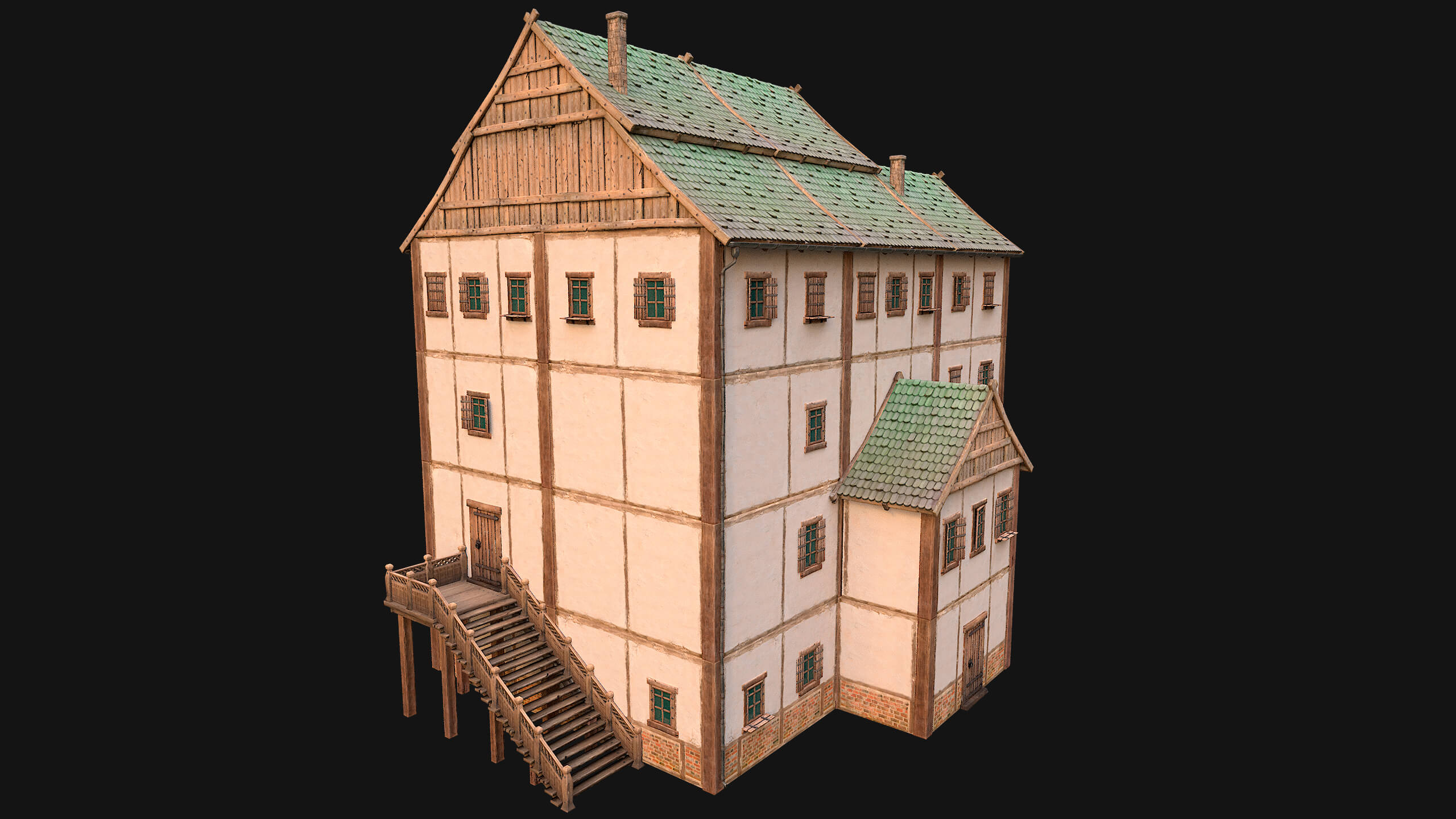 Medieval Skyscraper House With Barn - 3D Model by Dereza