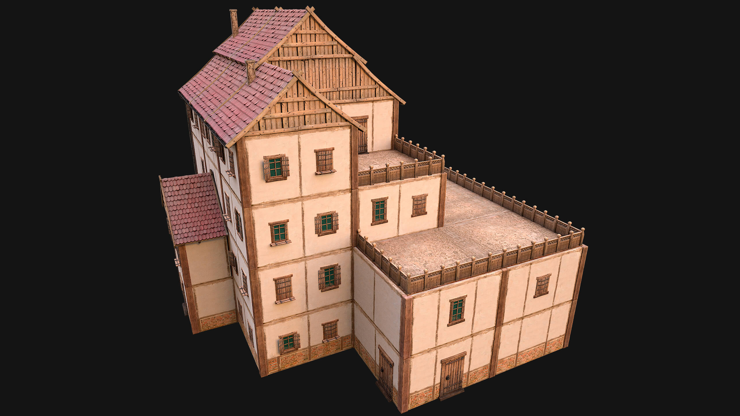 Medieval Skyscraper House With Barn - 3D Model by Dereza