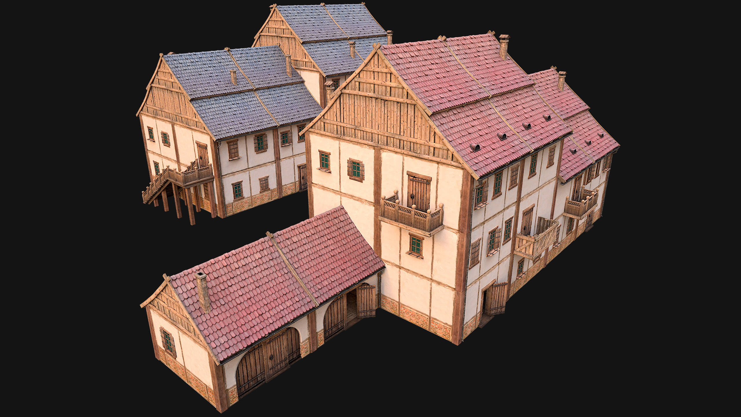 Medieval Brick Town House With Barn - 3D Model by Dereza