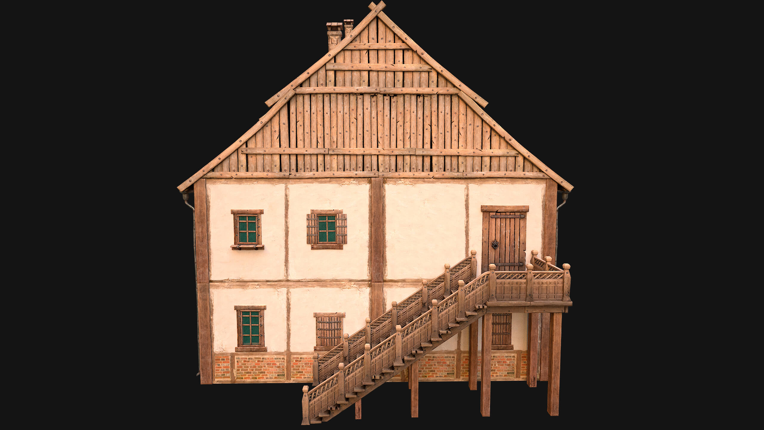 Medieval Brick Town House With Barn - 3D Model by Dereza