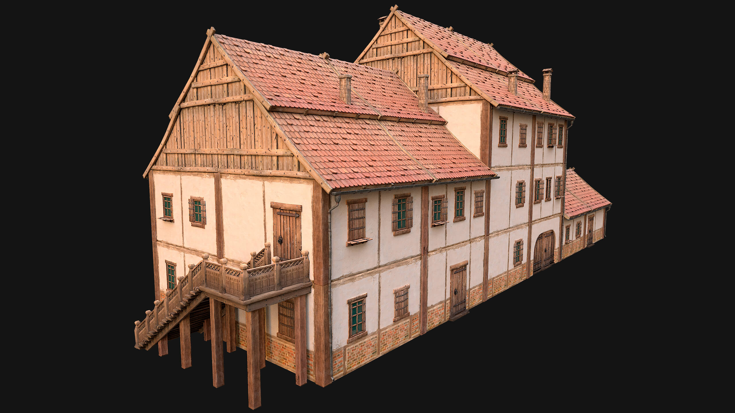 Medieval Brick Town House With Barn - 3D Model by Dereza