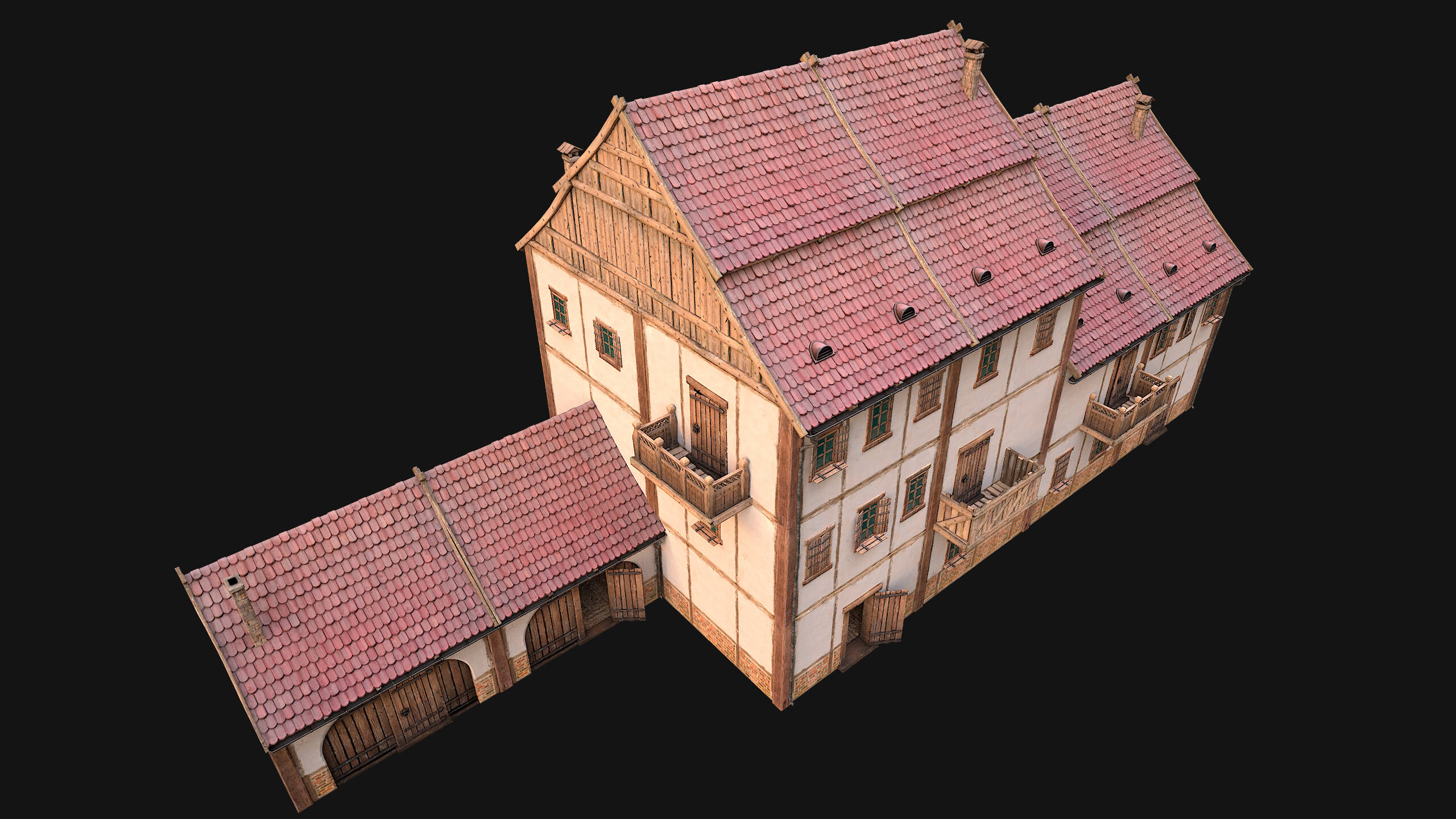 Medieval Brick Town House With Barn - 3D Model by Dereza