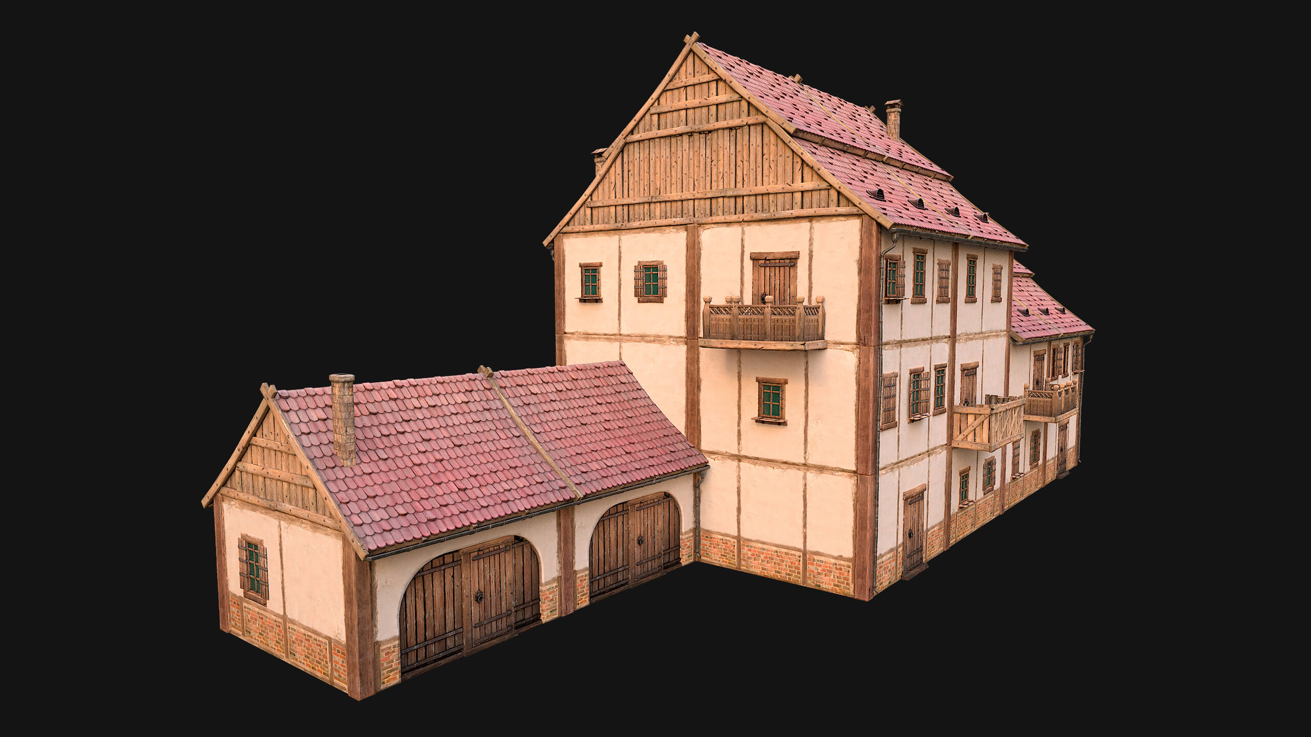 Medieval Brick Town House With Barn - 3D Model by Dereza