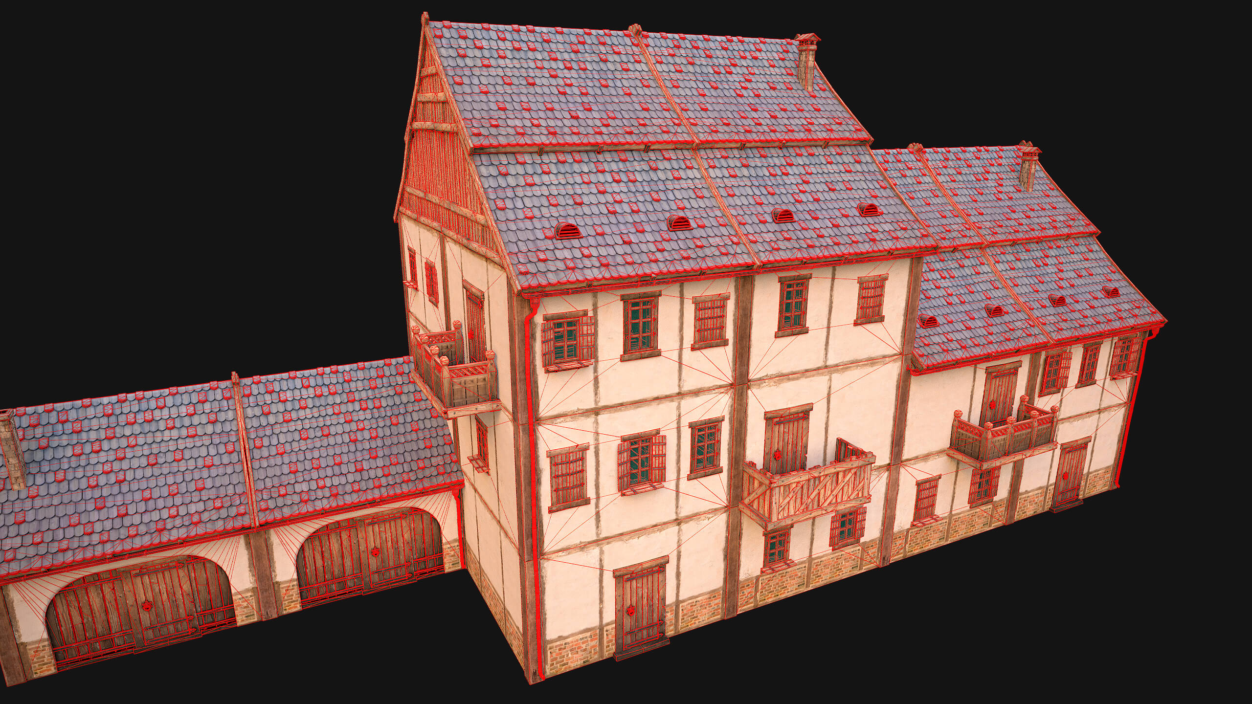 Medieval Brick Town House With Barn - 3D Model by Dereza