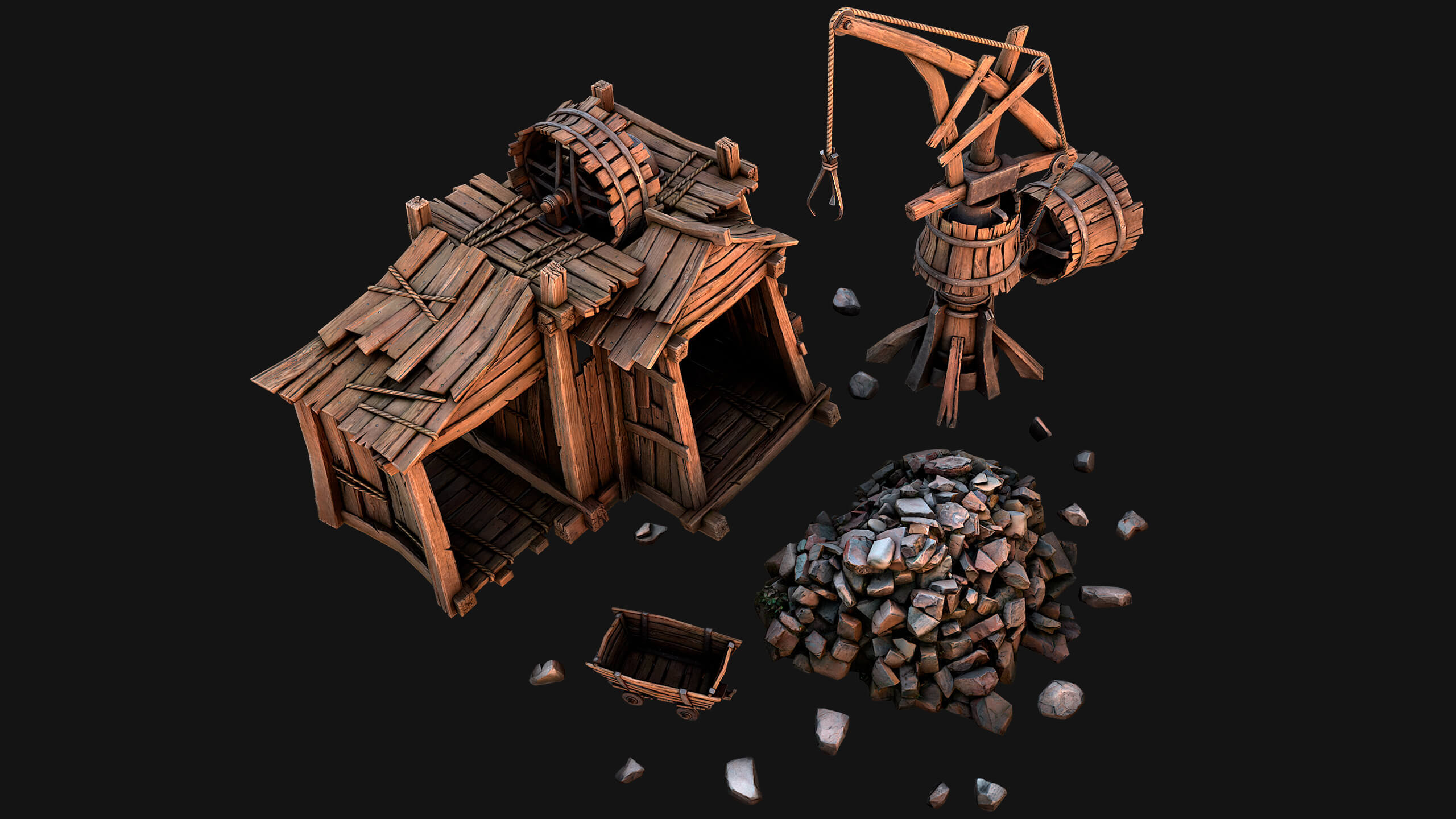 Medieval Wooden Mine and Excavator Ore - 3D Model by Dereza