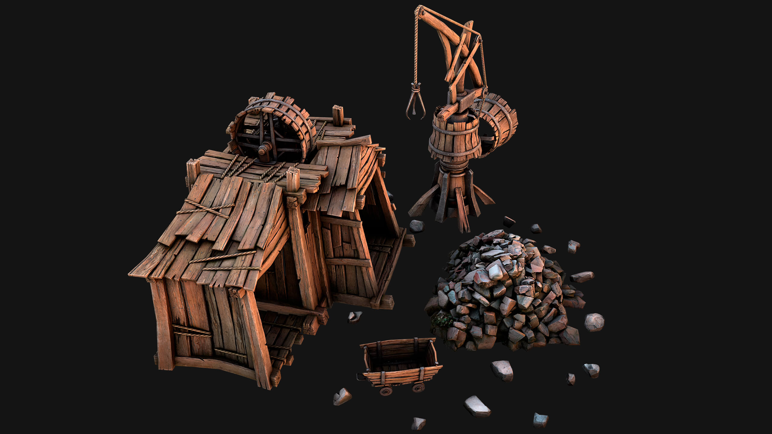 Medieval Wooden Mine and Excavator Ore - 3D Model by Dereza