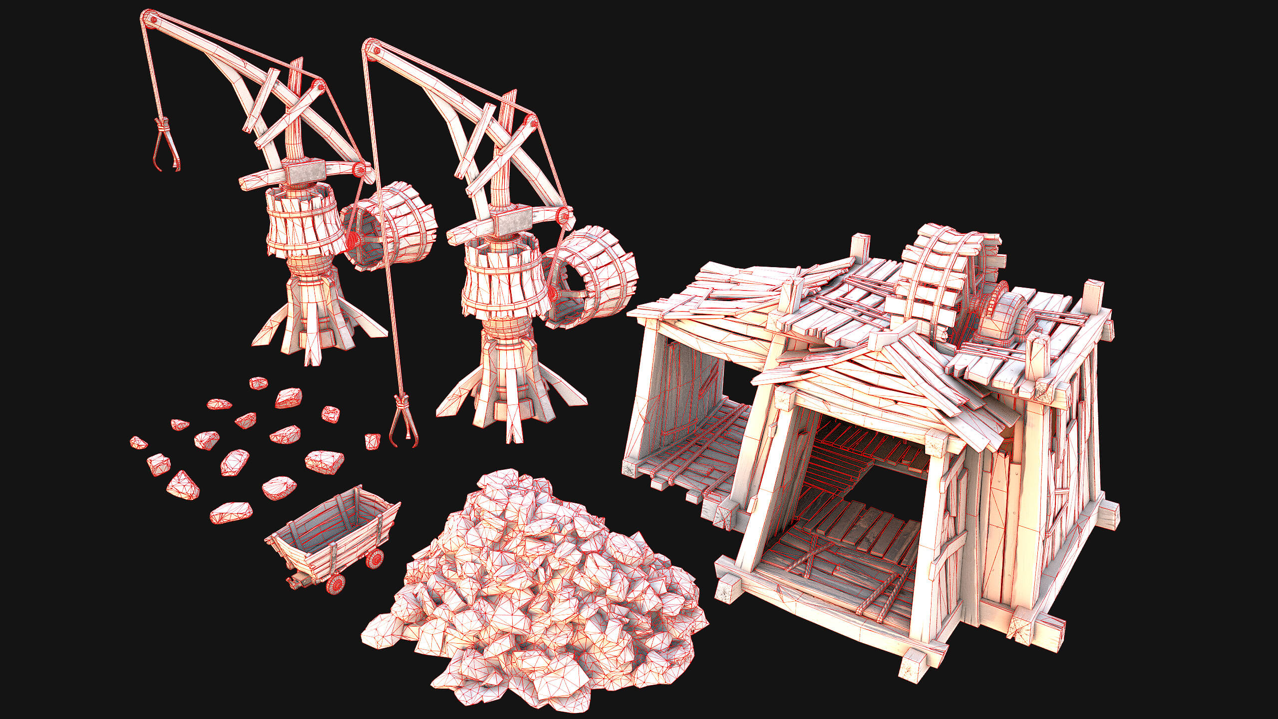 Medieval Wooden Mine and Excavator Ore - 3D Model by Dereza