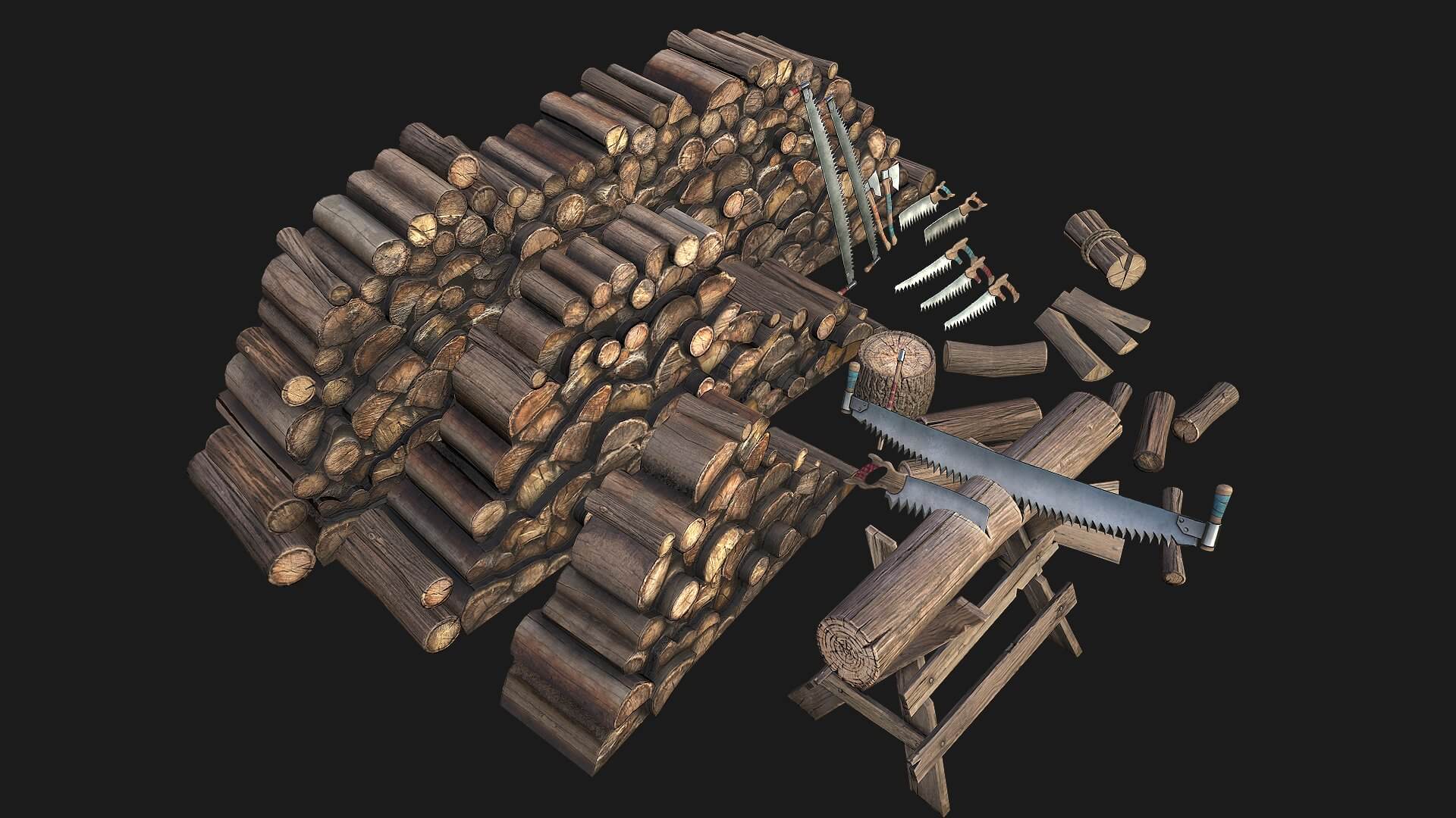 Set of Lumberjack and Firewood - 3D Model by Dereza