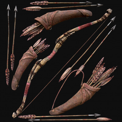 Wooden Bow and Quiver Medieval Archer Weapons - 3D Model by Dereza