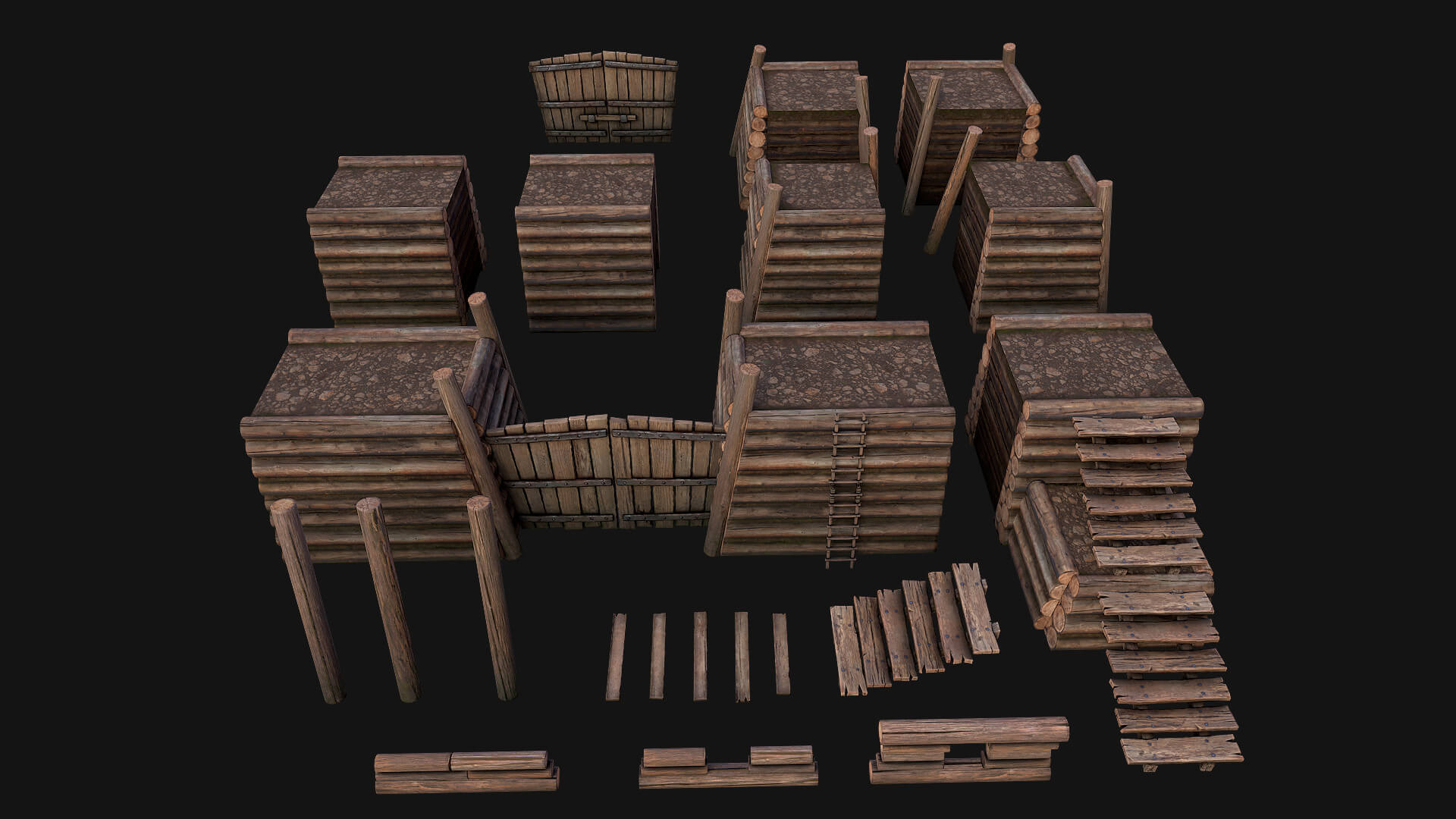 Wooden Castle Fort Walls Modular - 3D Model by Dereza