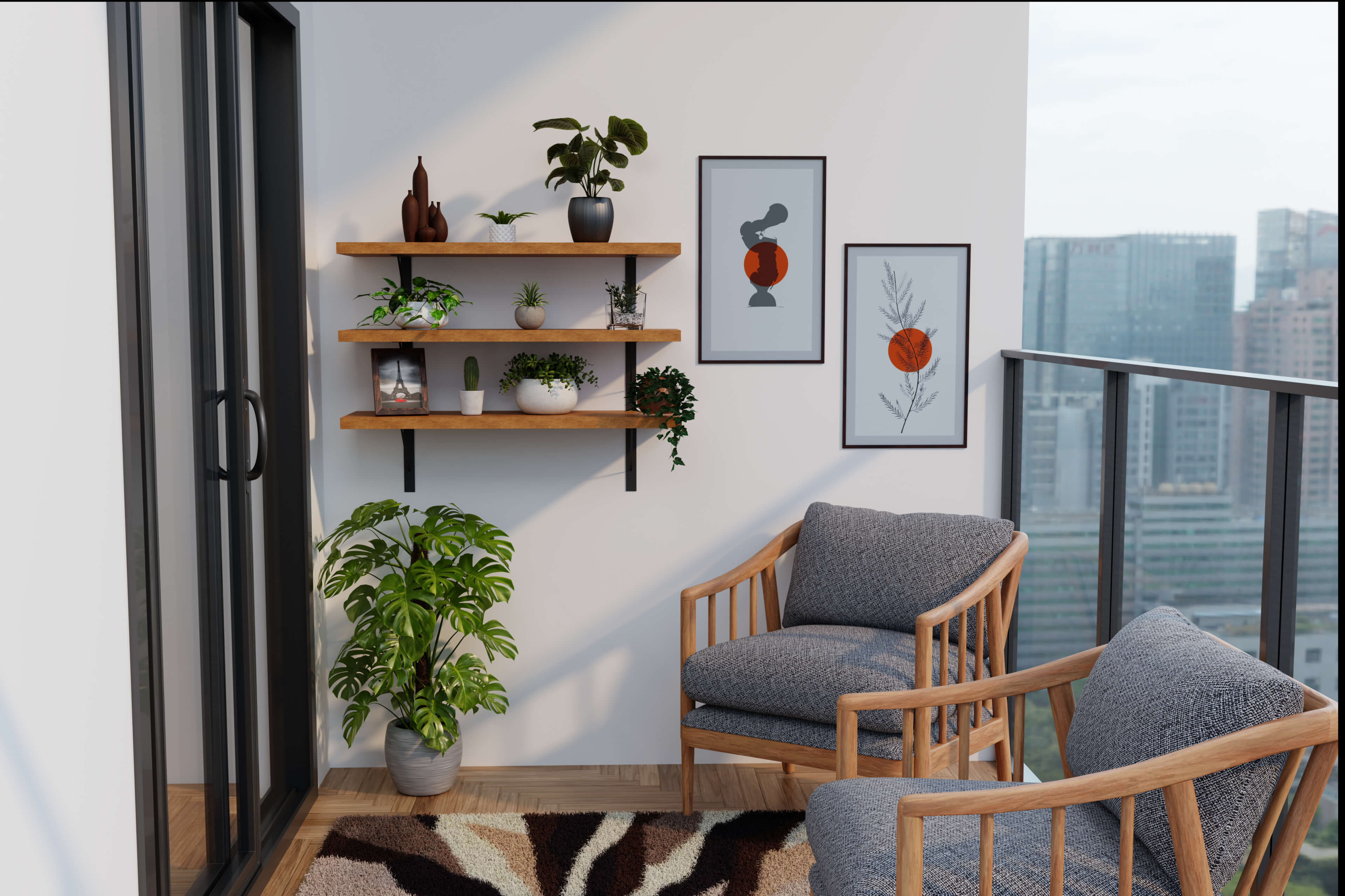 Cozy Balcony Render on a Cloudy Day Realistic Lighting 3D Render