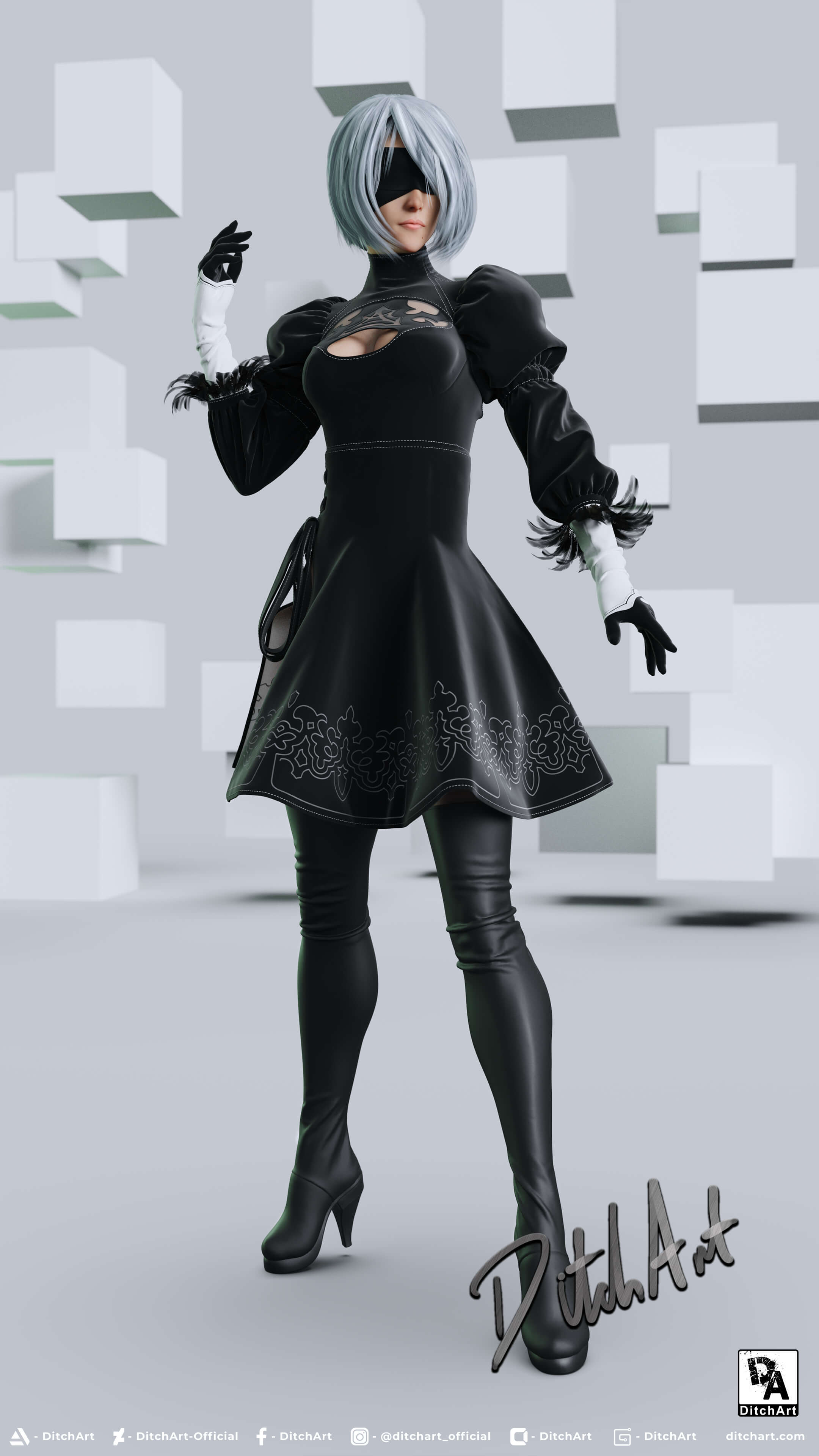 2B - NieR Automata Costume 3D Render, Digital Art by DitchArt
