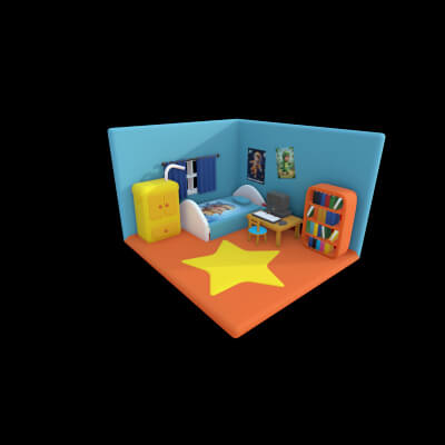 Cute Isometric Kids Bedroom Room Stylized 3D Interior Scen by Doranciphu