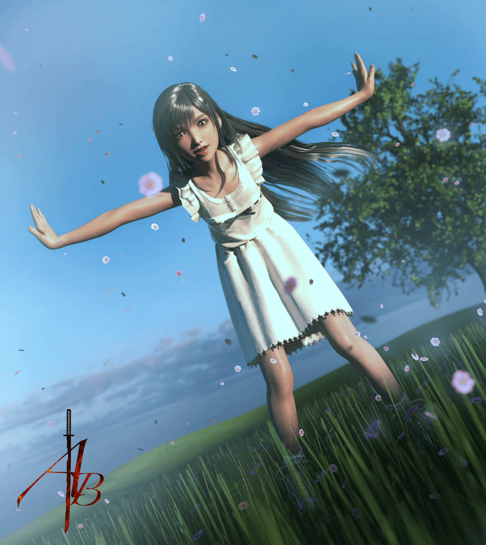 Tifa Playing In the Feild 3D Render by Dragonfist7777