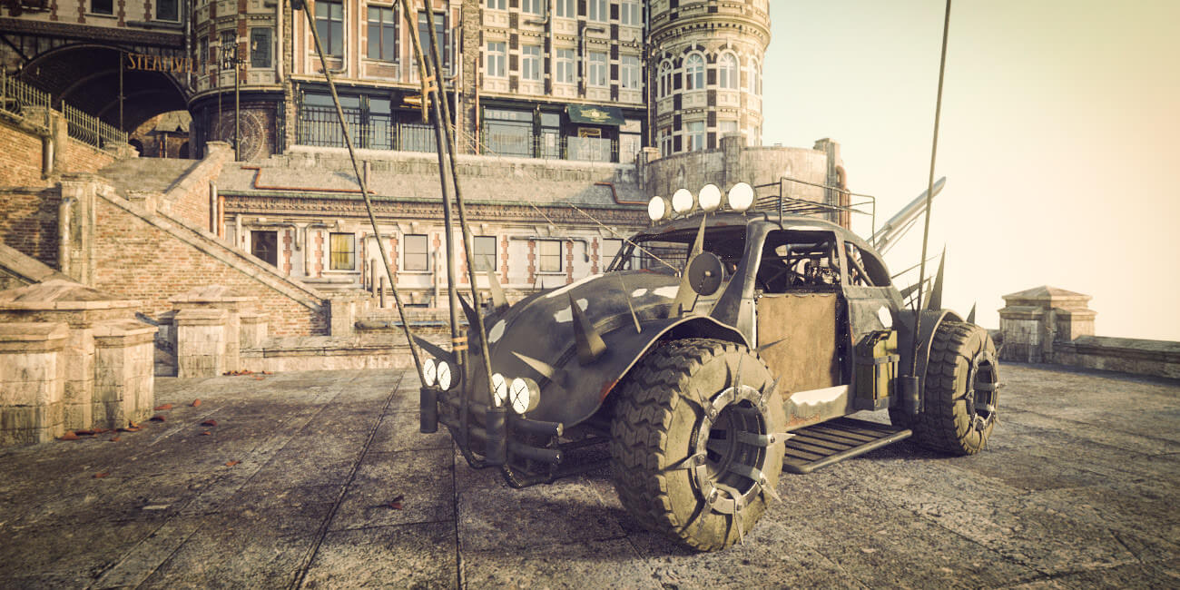 Mad Max Style Buggy In Steampunk Scenery (HDRI) 3D Render