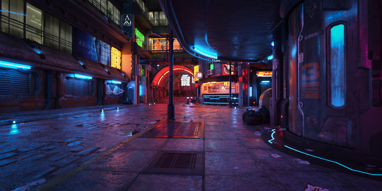 Hot HDRI Sets - Neon Dark City Streets - EXR Format HDR Image by Dreamlight