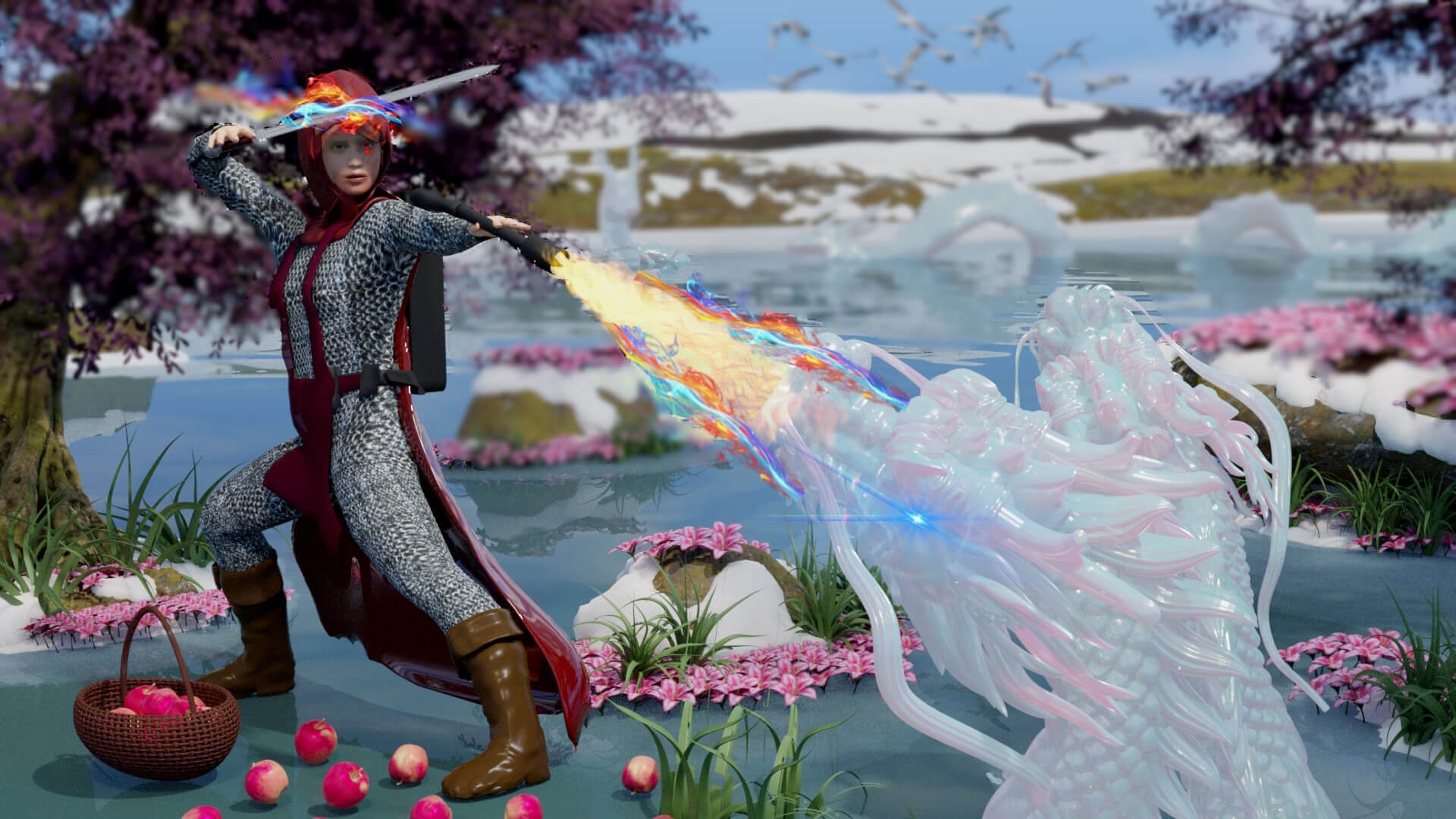 Red Riding Damsel and the Crystal Lake Dragons 3D Render
