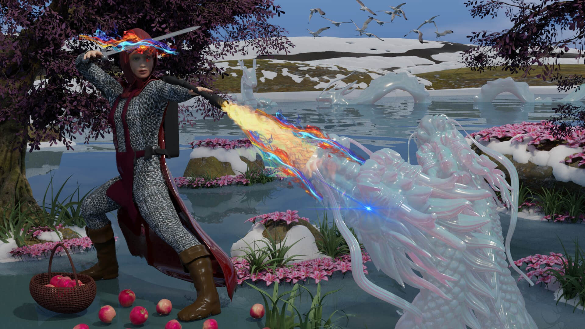Red Riding Damsel and the Crystal Lake Dragons 3D Render