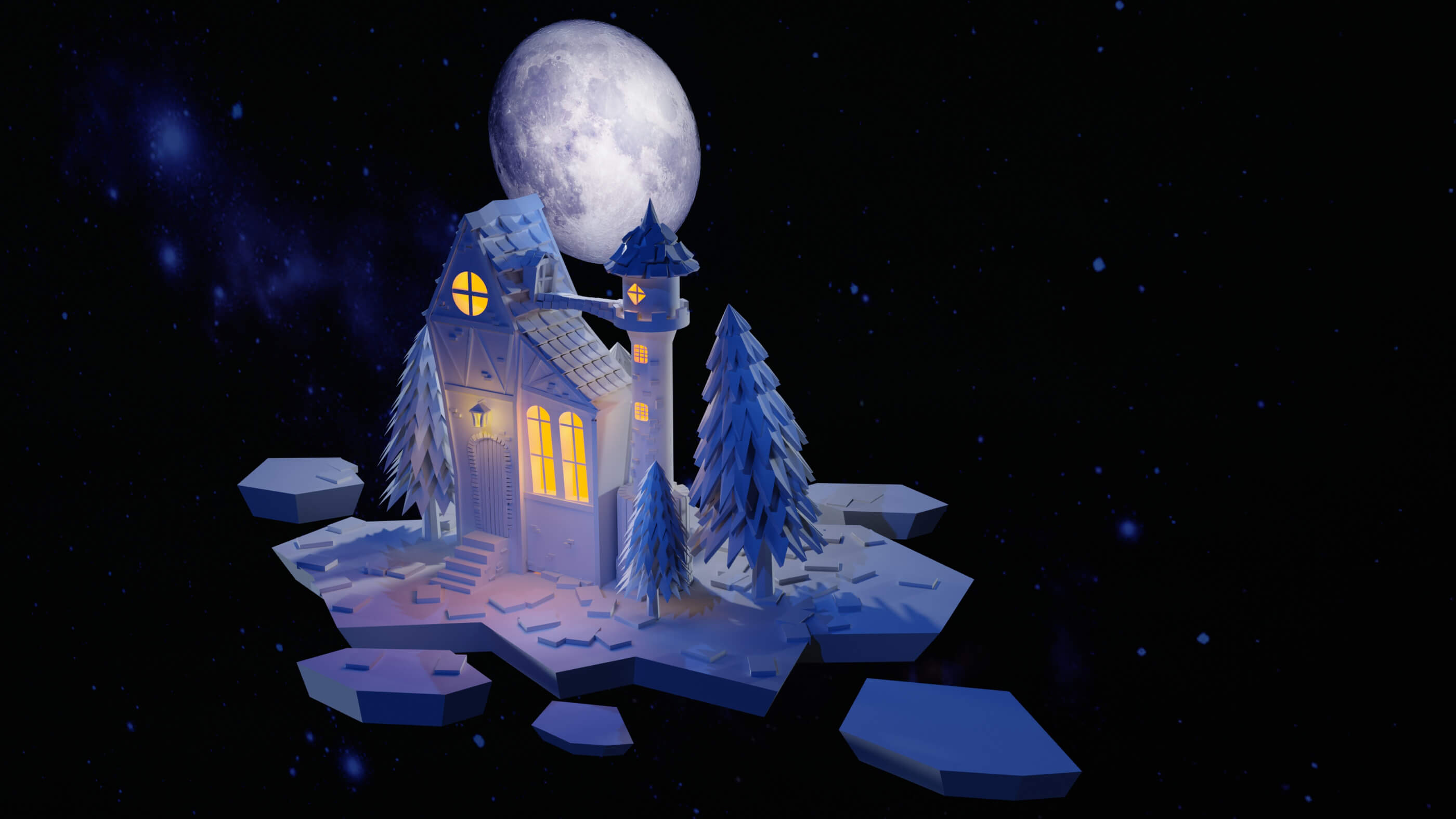 Night House on The Background of The Moon - 3D Model by dvigalet