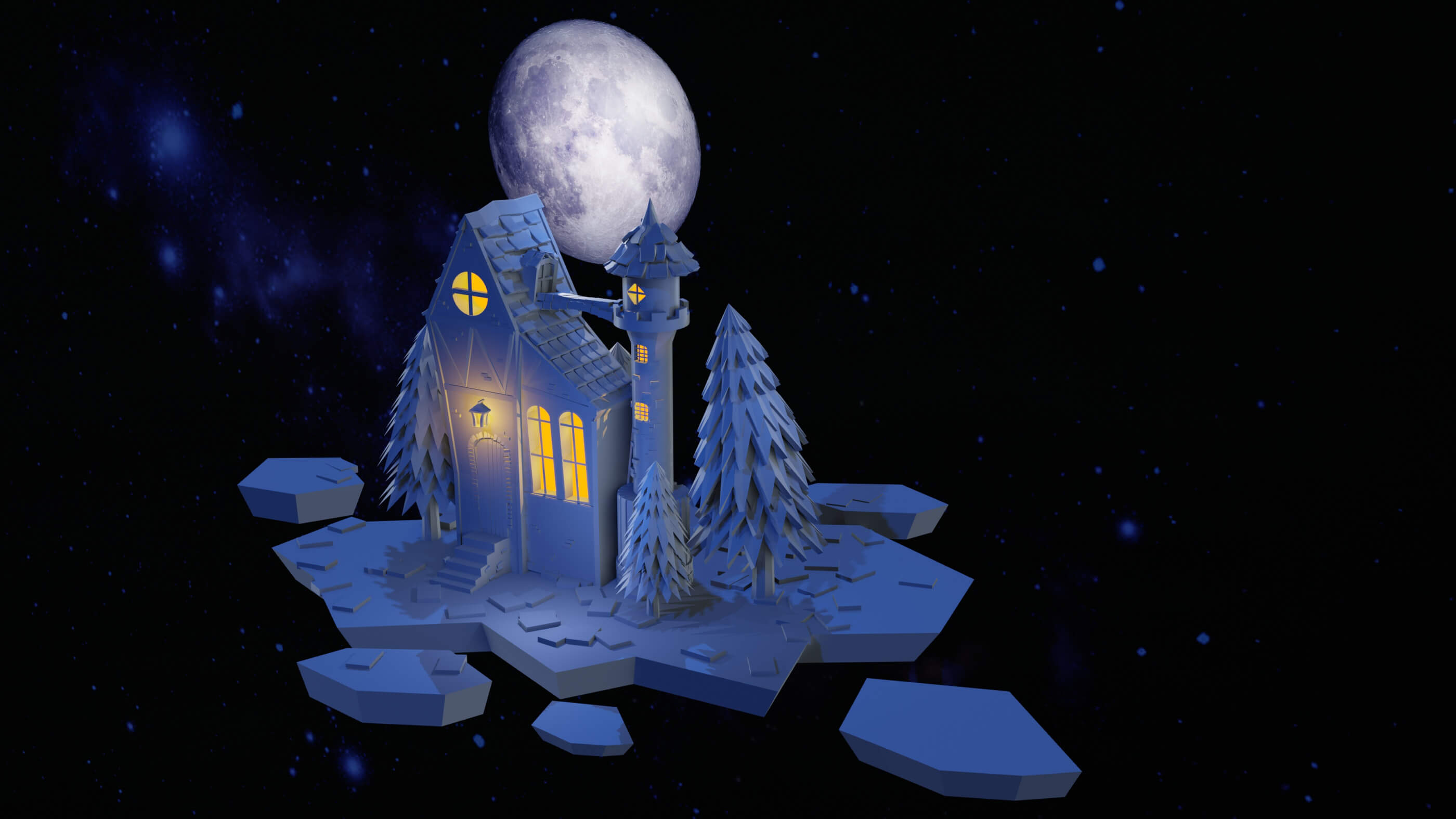 Night House on The Background of The Moon - 3D Model by dvigalet