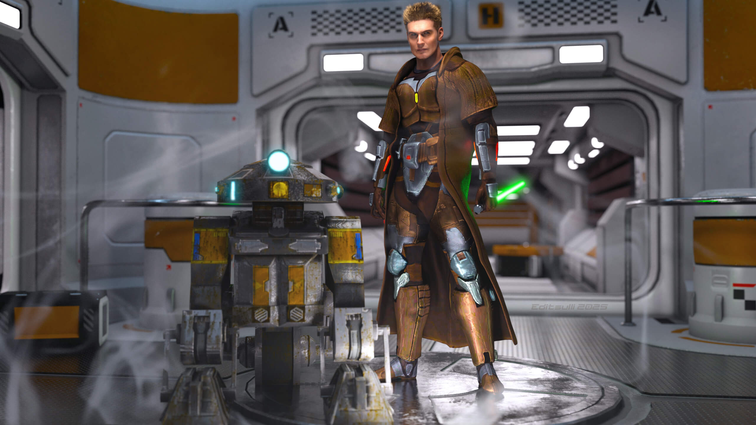 Ven Zallow Jedi Master and His Droid T7-01 3D Render by editsulli