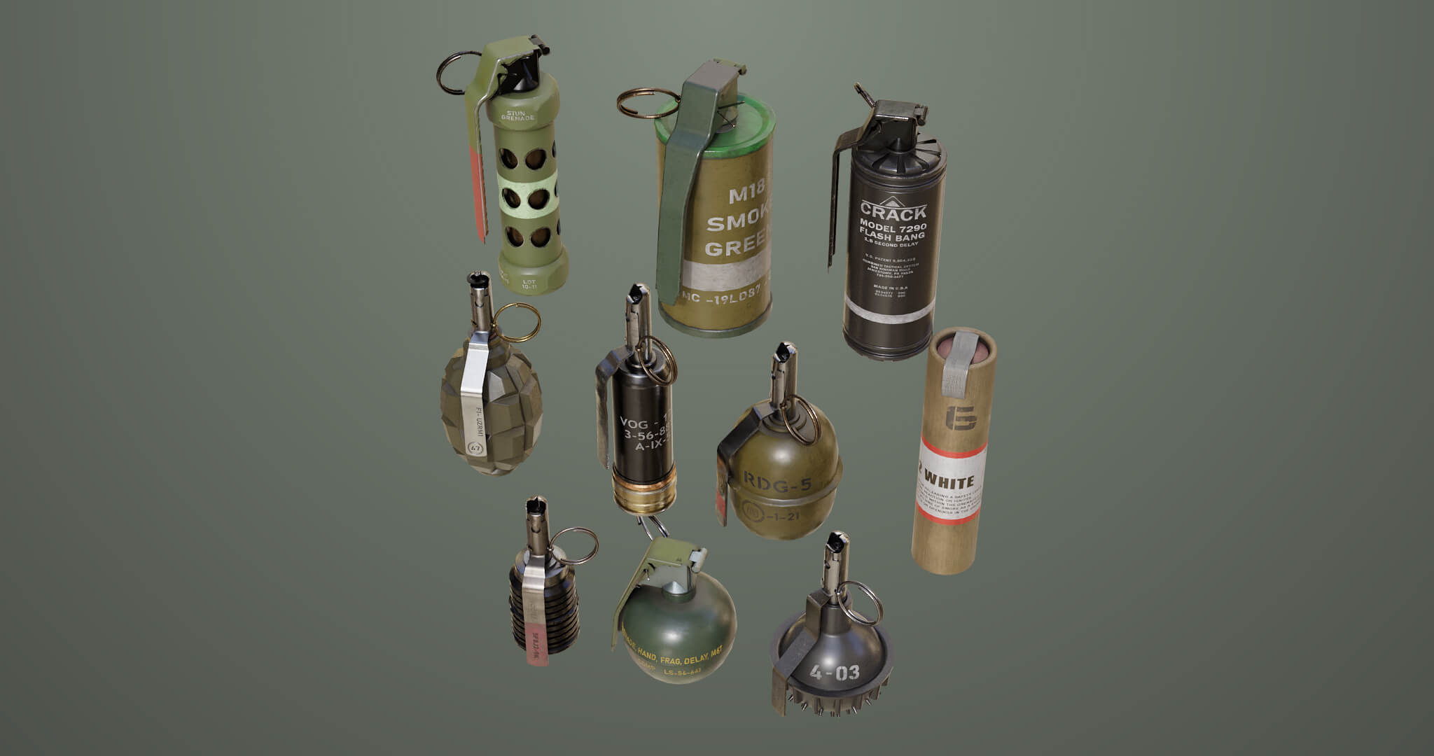 10 Grenades Single Mat All PBR Unity UE Textures - 3D Model by Eight Vertex